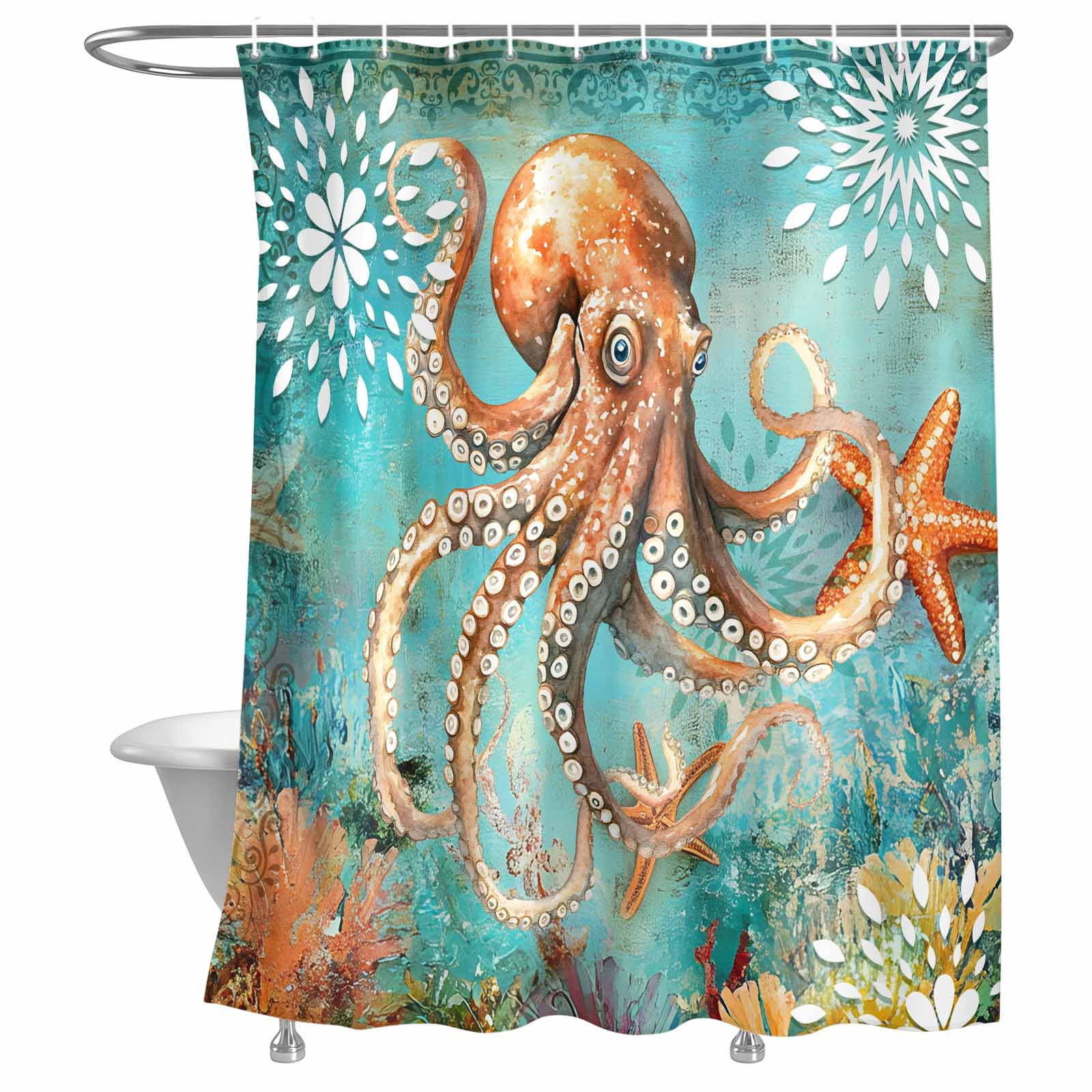 Bathroom Shower Curtain Retro Marine Life Octopus Waterproof Shower ...