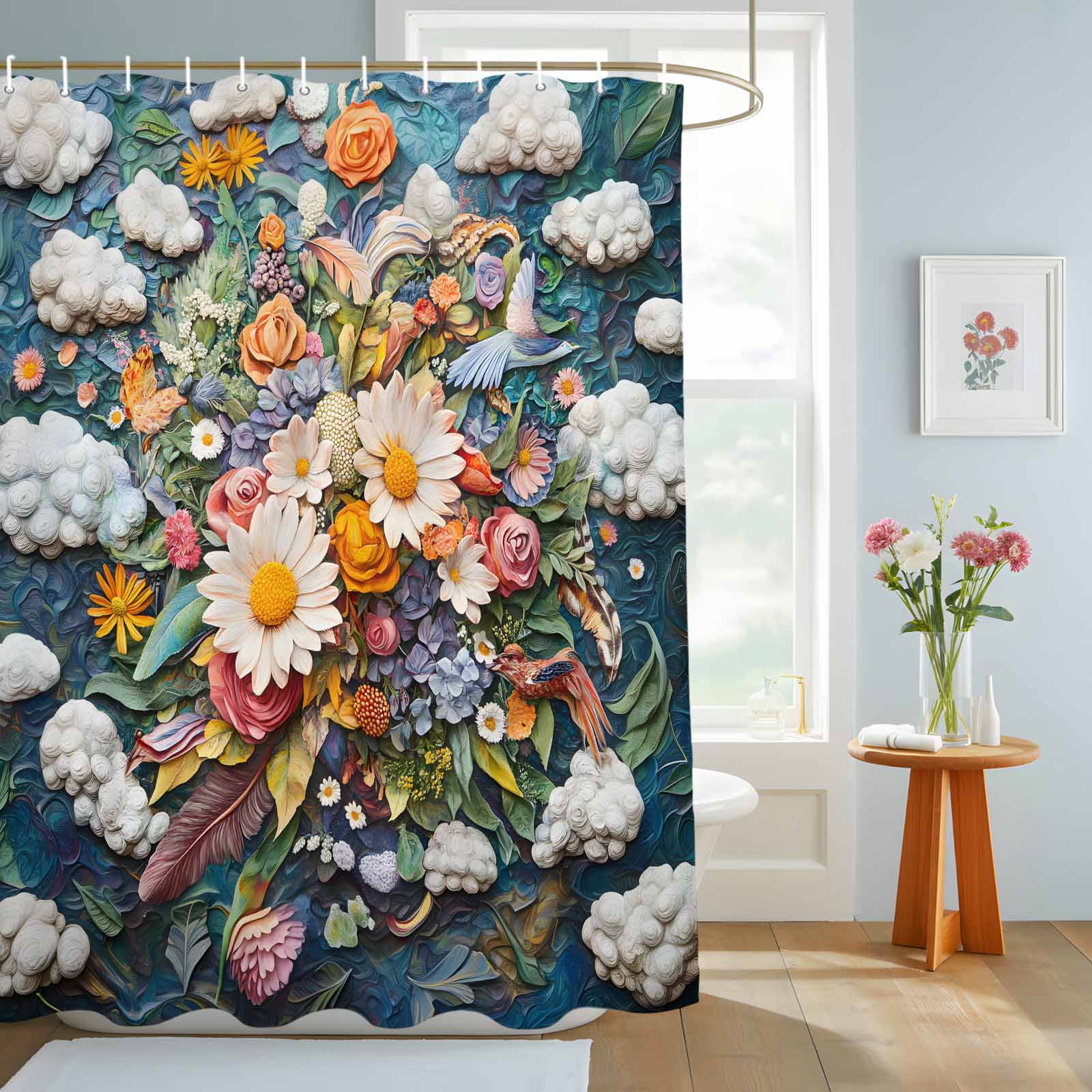 Bathroom Shower Curtain Retro Medieval Daisies Flowers Waterproof ...