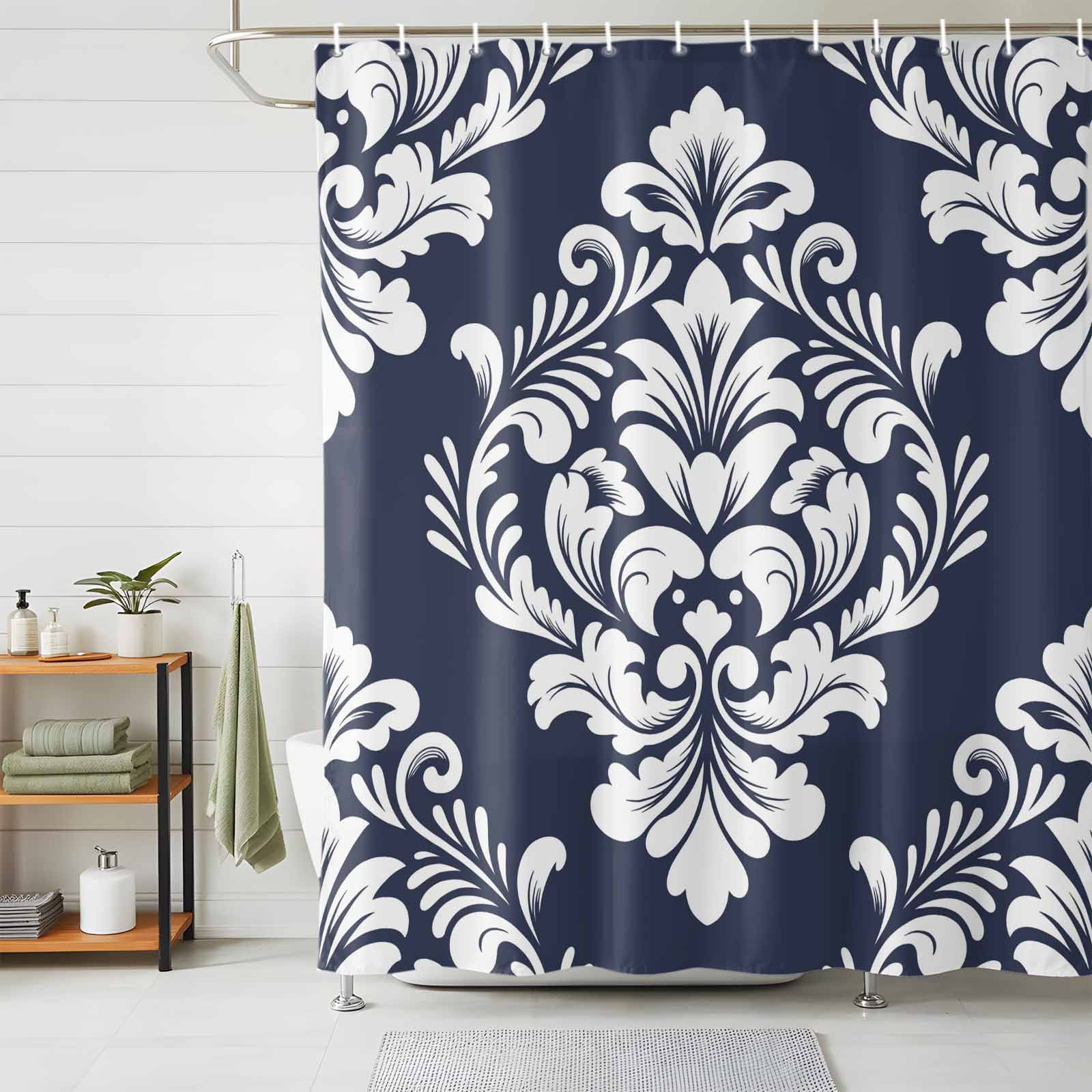 Bathroom Shower Curtain Retro Mid Century White Blue Flower Art ...