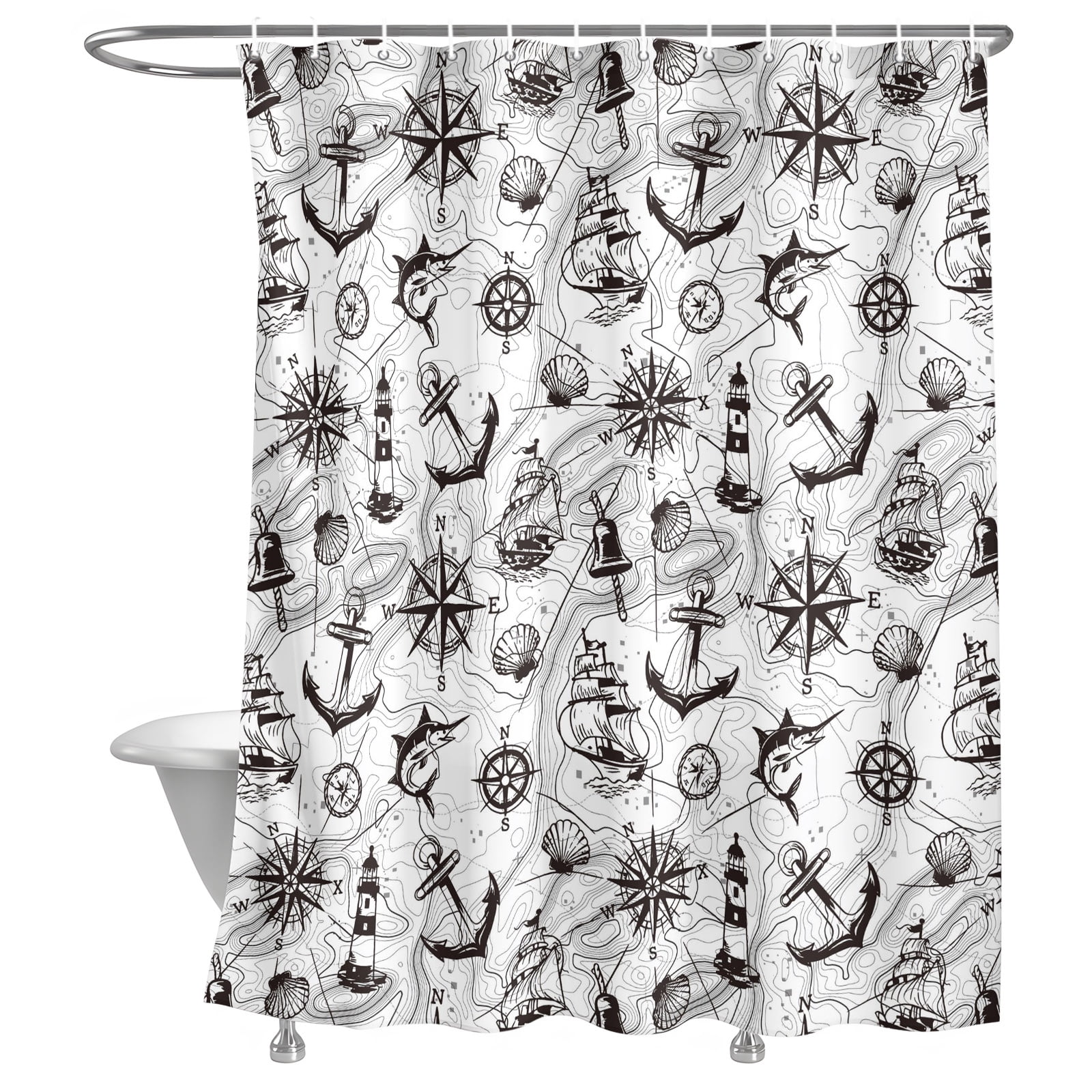 Bathroom Shower Curtain Retro Nautical Anchor Lighthouse Waterproof ...