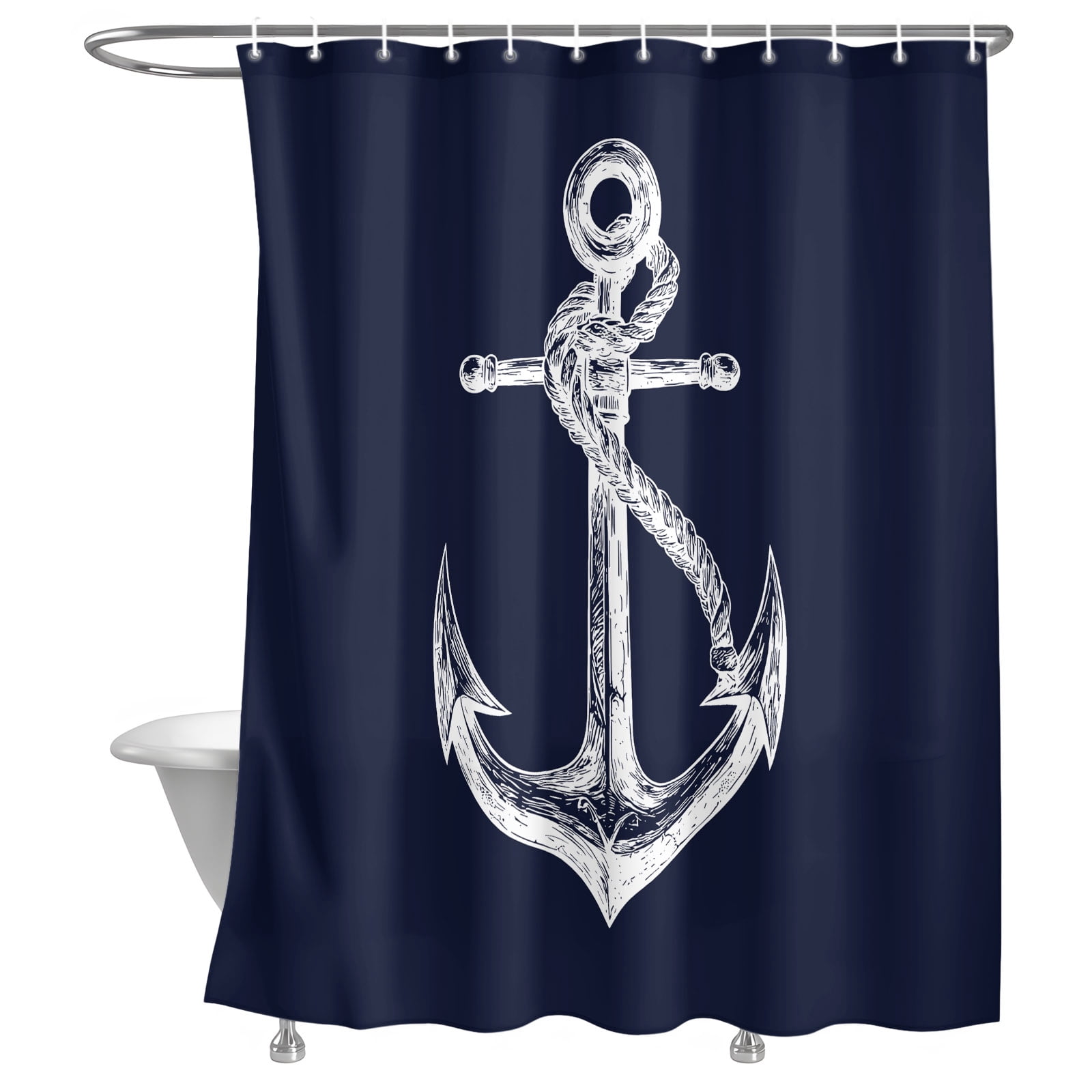 Bathroom Shower Curtain Retro Nautical Anchor Navy Blue Waterproof ...