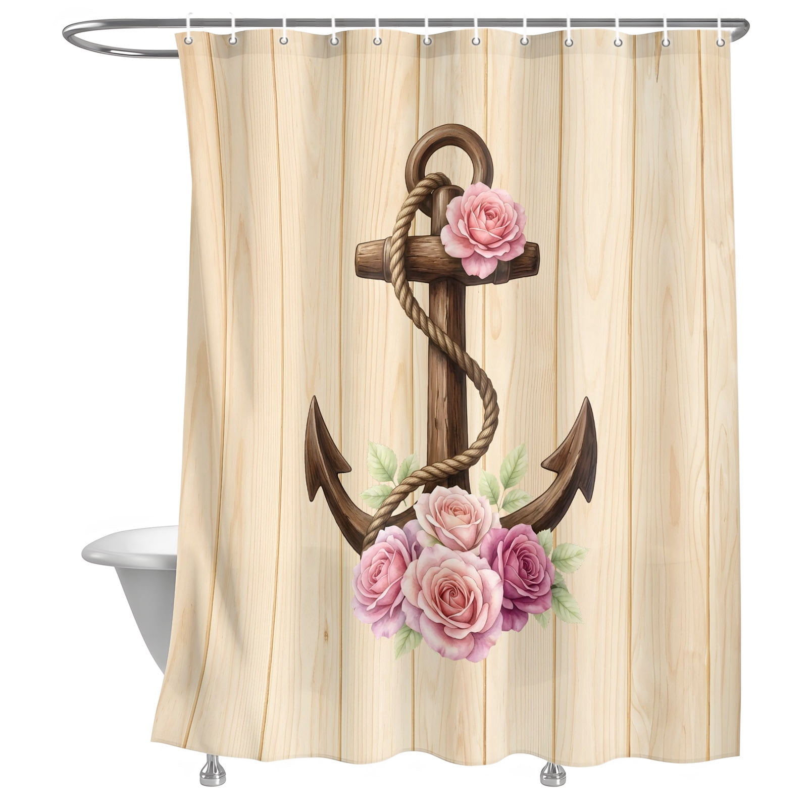 Bathroom Shower Curtain Retro Nautical Anchor Pink Rose Waterproof ...