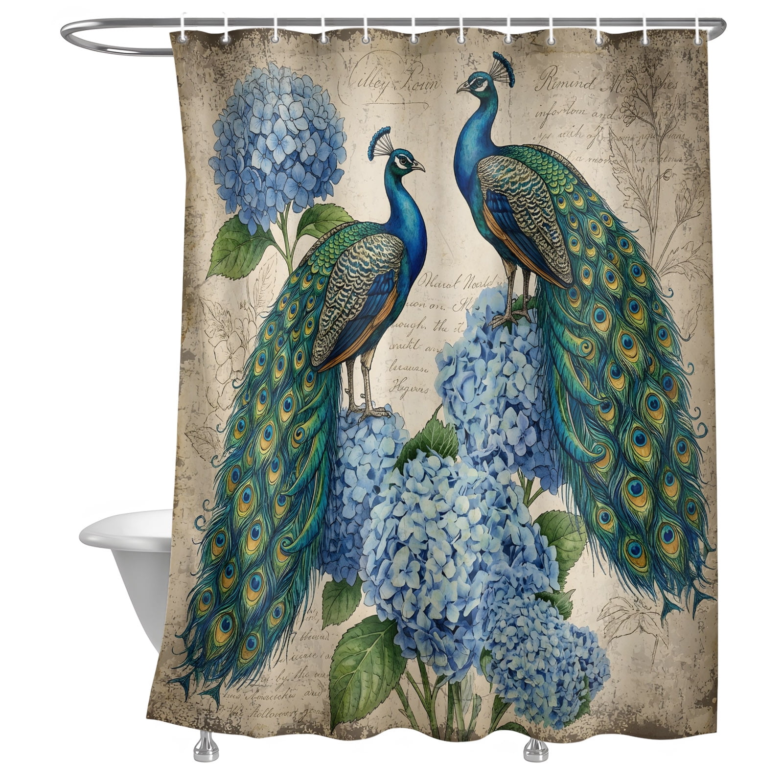 Bathroom Shower Curtain Retro Peacock Blue Hydrangea Waterproof Shower ...