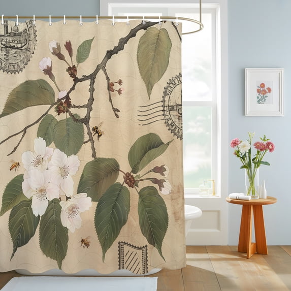 Bathroom Shower Curtain Retro Pear Blossom Floral Leaves Waterproof ...