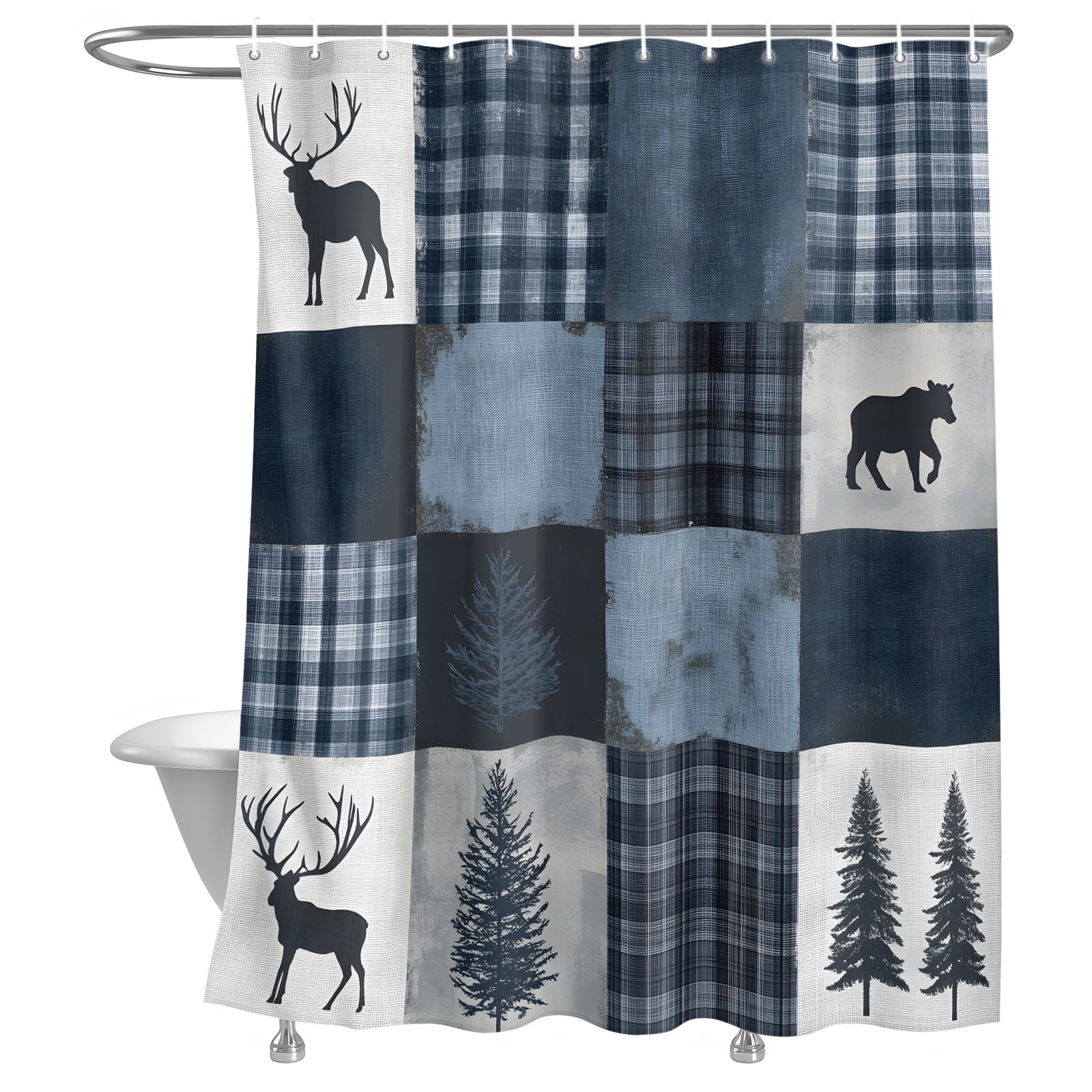 Bathroom Shower Curtain Retro Pine Tree Deer Silhouette Waterproof ...