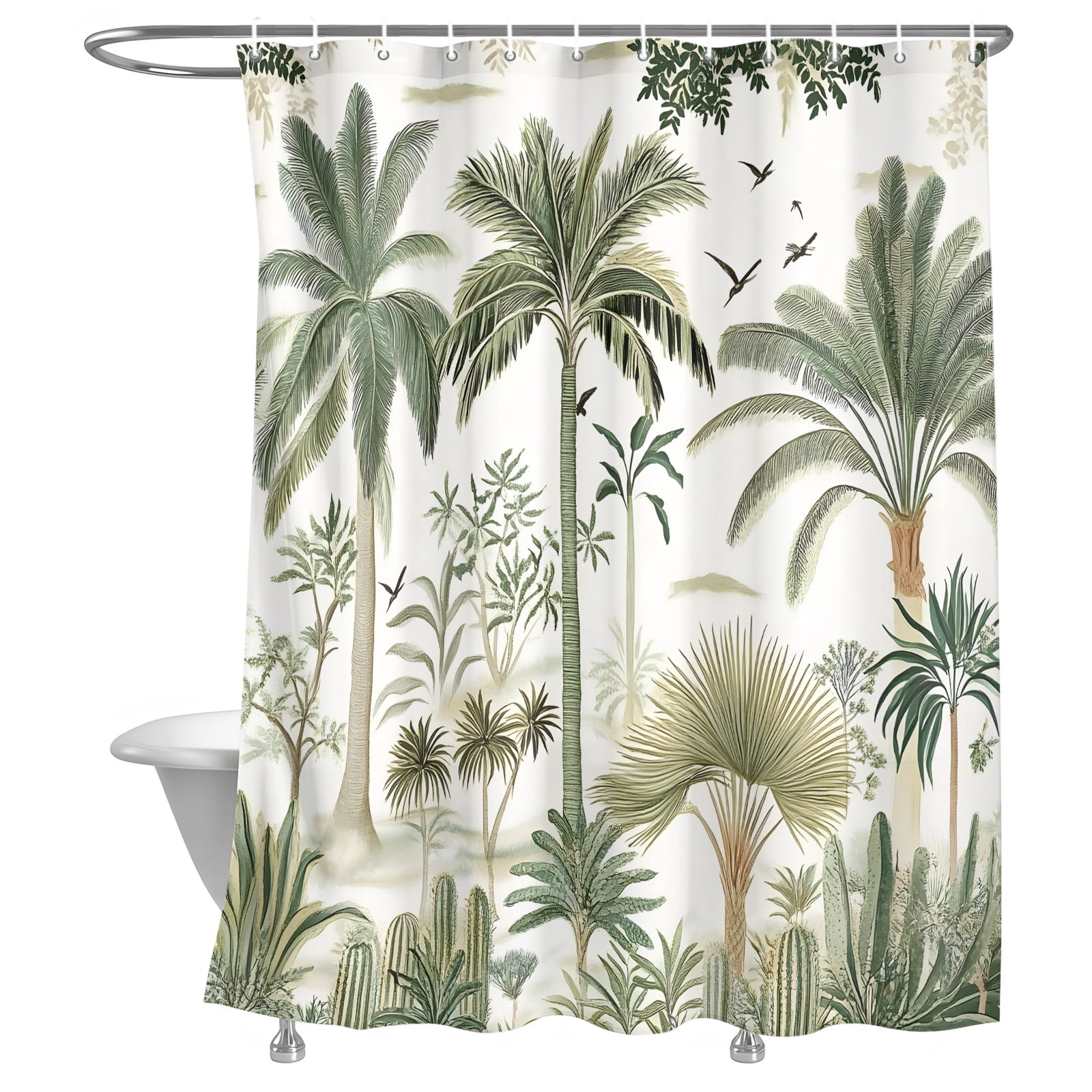 Bathroom Shower Curtain Retro Watercolor Palm Trees Cactus Waterproof ...