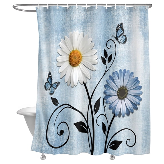 Bathroom Shower Curtain Romantic White Blue Flowers Waterproof Shower ...