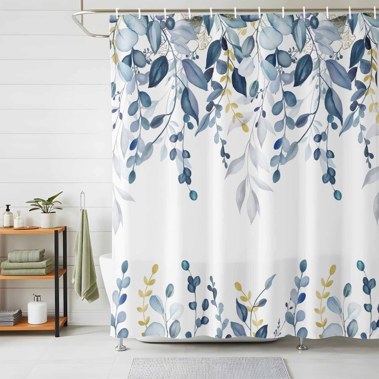 Bathroom Shower Curtain Rural Watercolor Blue Leaves Waterproof Shower ...