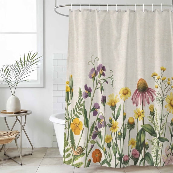 Bathroom Shower Curtain Rustic Blooming Floral Plants Waterproof Shower ...