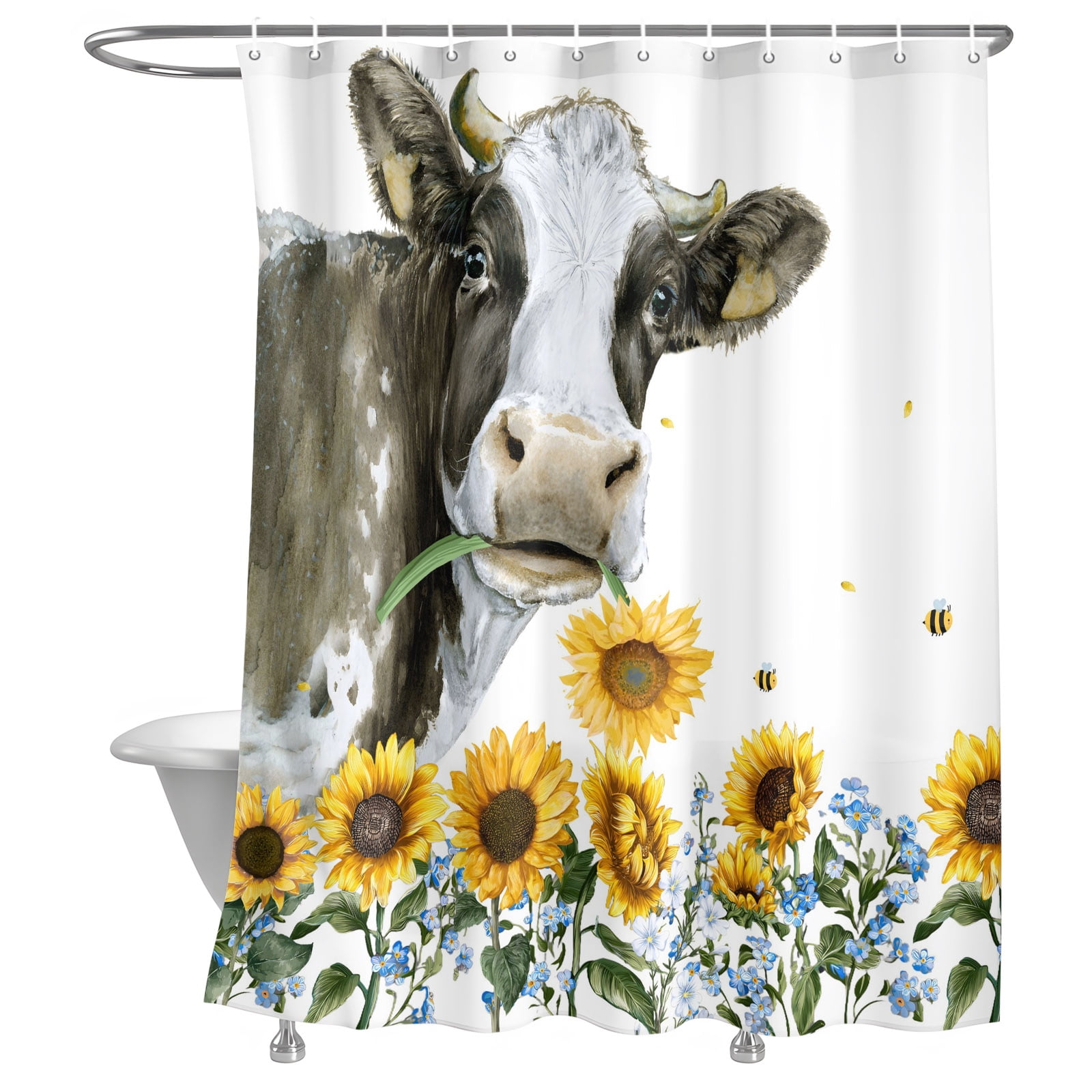 Bathroom Shower Curtain Rustic Cow Sunflower Bee Waterproof Shower ...