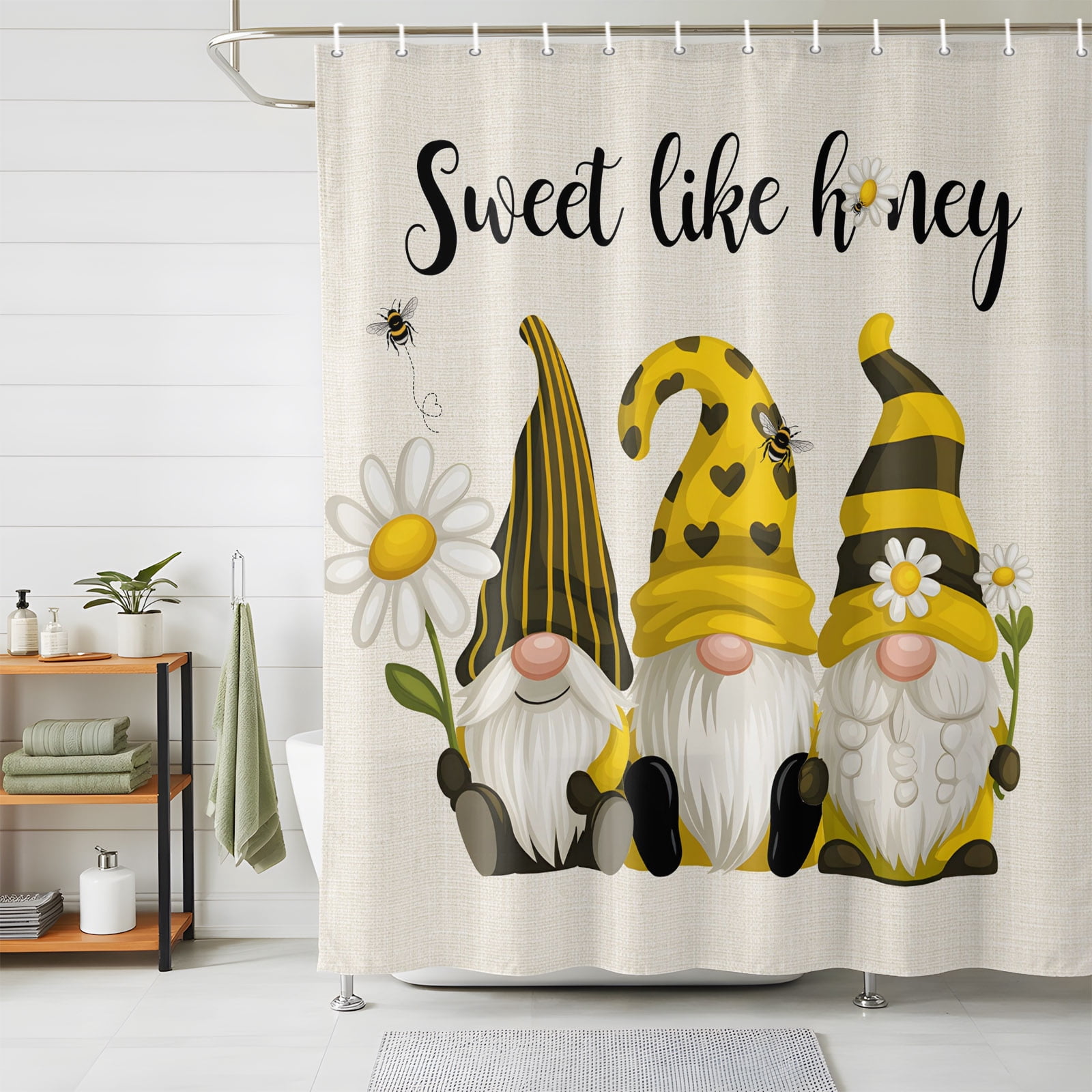 Bathroom Shower Curtain Rustic Gnome Daisy Flower Bee Waterproof Shower ...