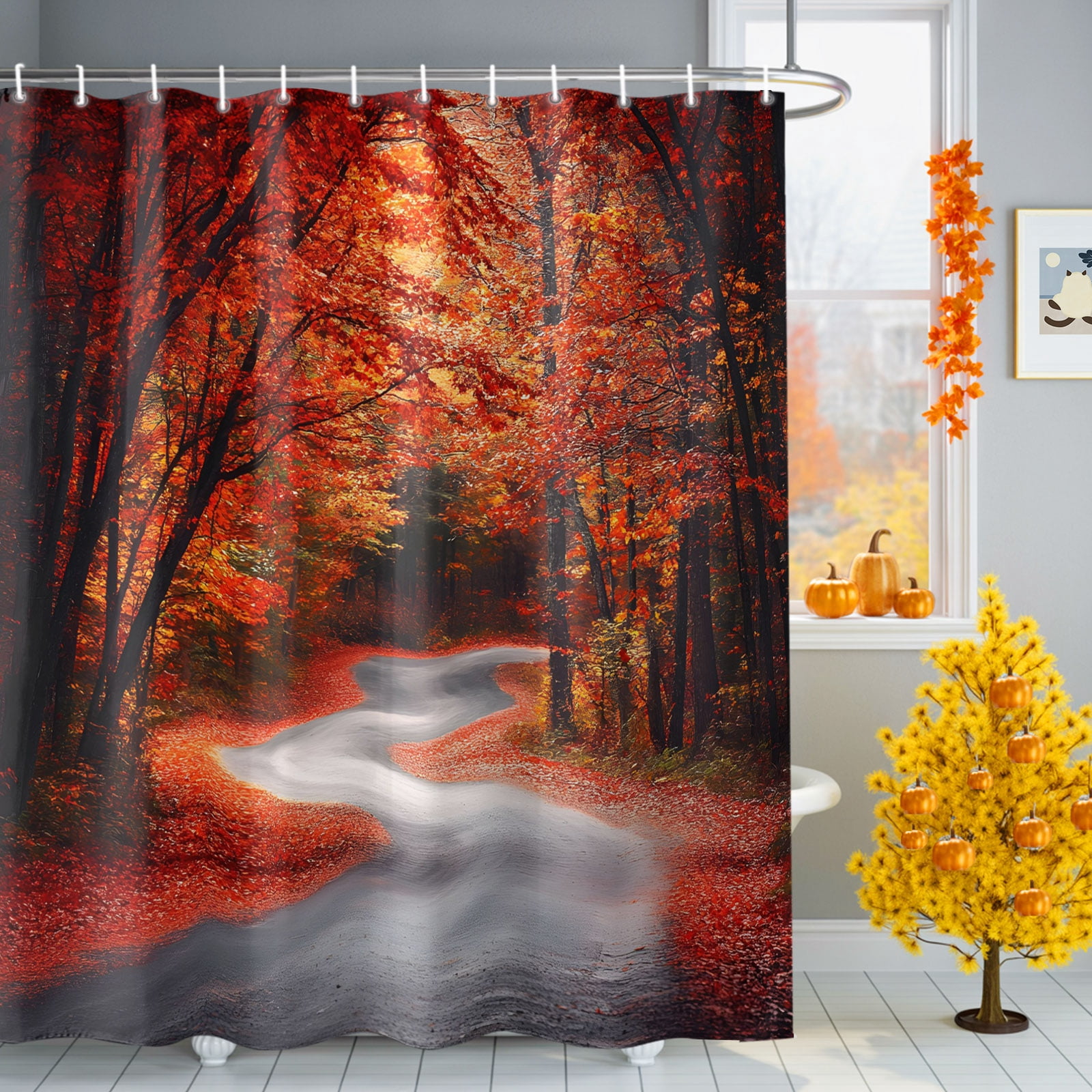 Bathroom Shower Curtain Rustic Maple Leaf Tree Road Waterproof Shower ...