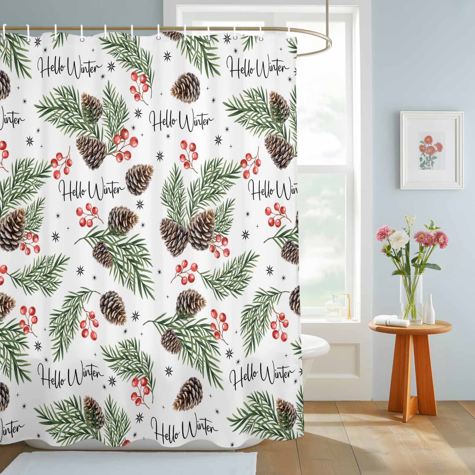 Bathroom Shower Curtain Rustic Pinecone Berry Leaf Waterproof Shower ...