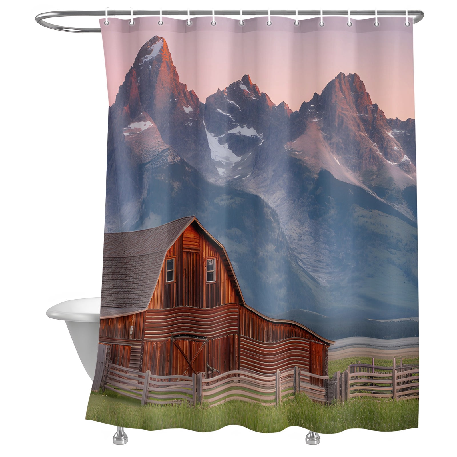 Bathroom Shower Curtain Rustic Red Barn Snow Mountain Waterproof Shower ...
