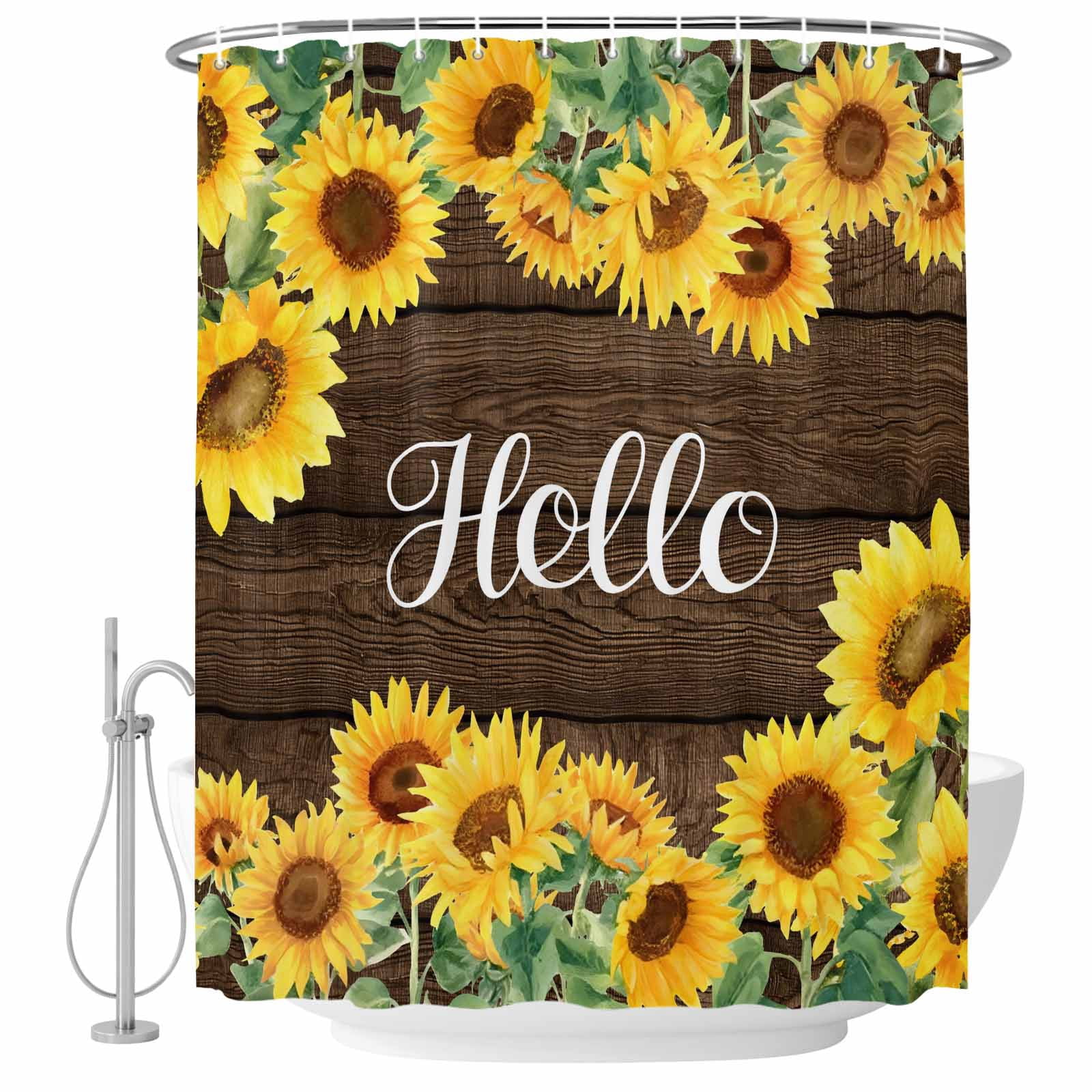 Bathroom Shower Curtain Rustic Sunflower Hello Text Waterproof Shower ...