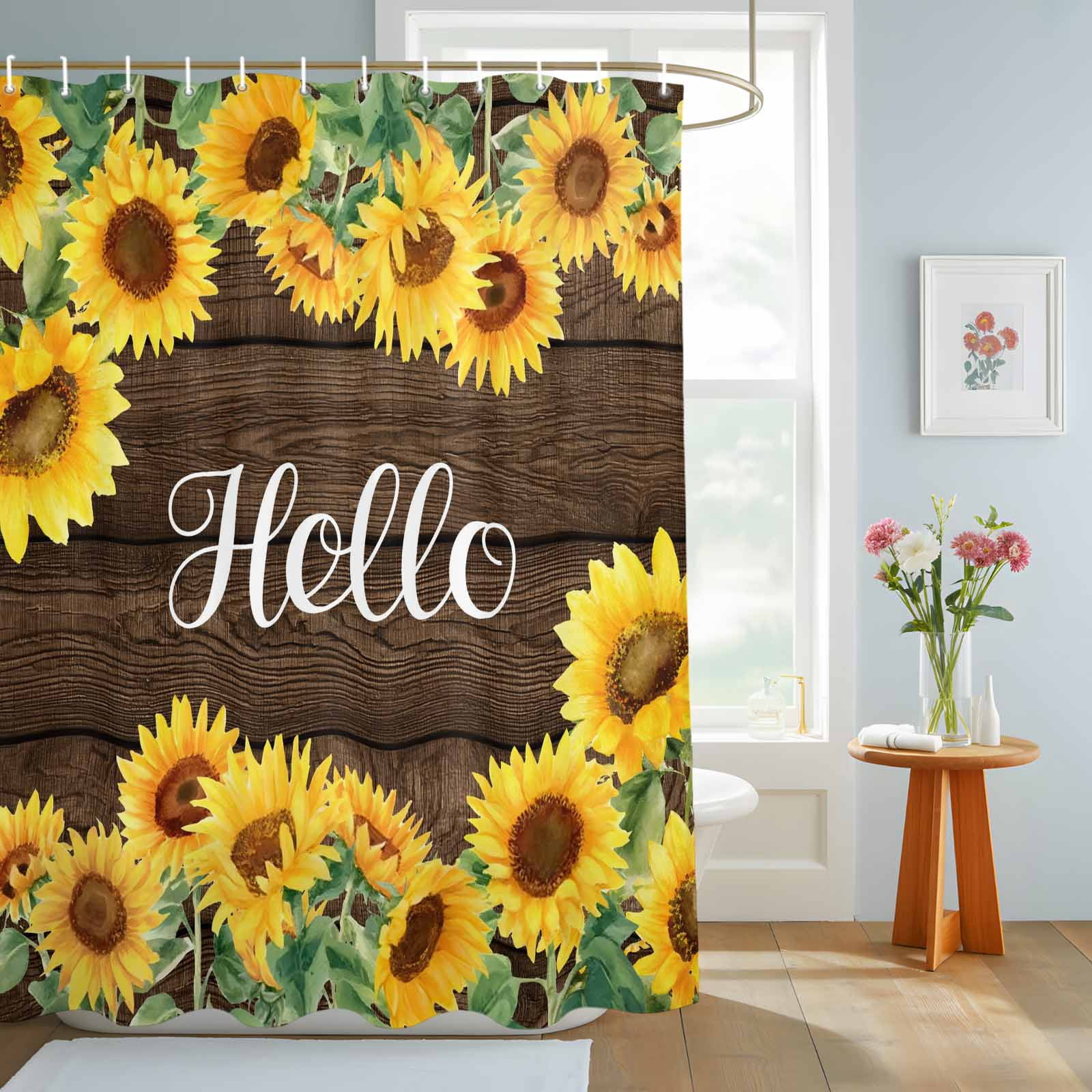 Bathroom Shower Curtain Rustic Sunflower Hello Text Waterproof Shower ...
