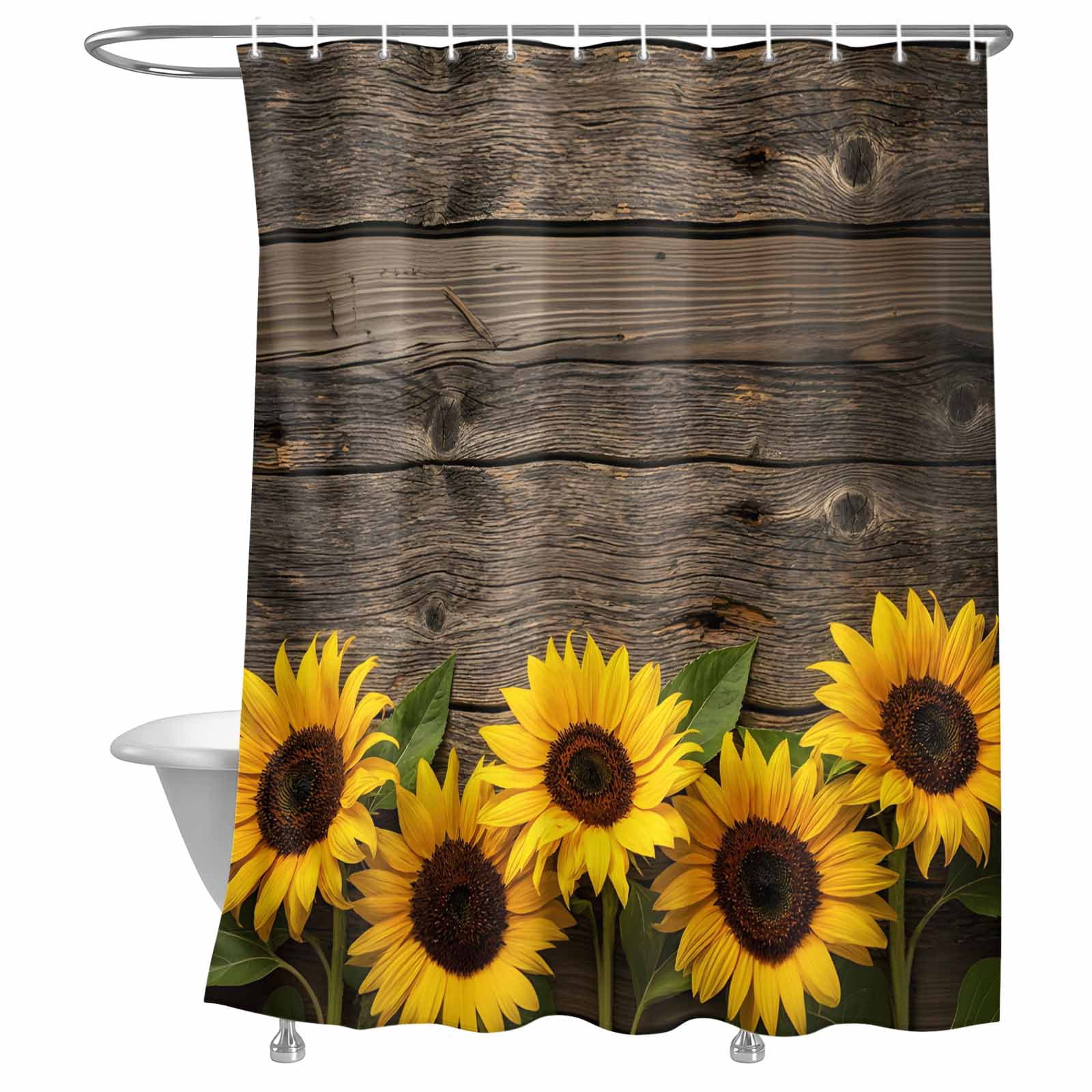 Bathroom Shower Curtain Rustic Sunflower Wood Board Waterproof Shower ...