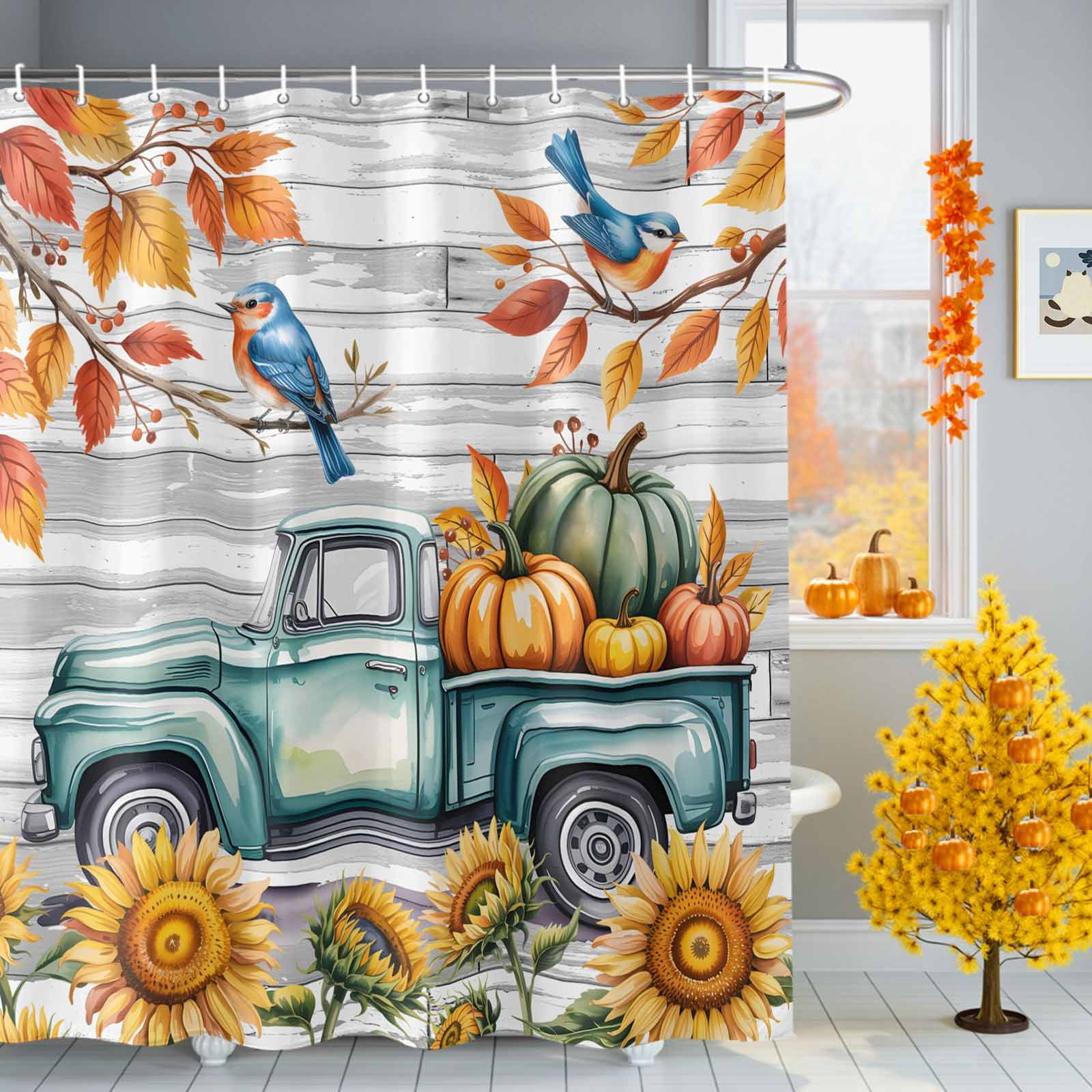 Bathroom Shower Curtain Rustic Truck Pumpkin Wooden Waterproof Shower ...