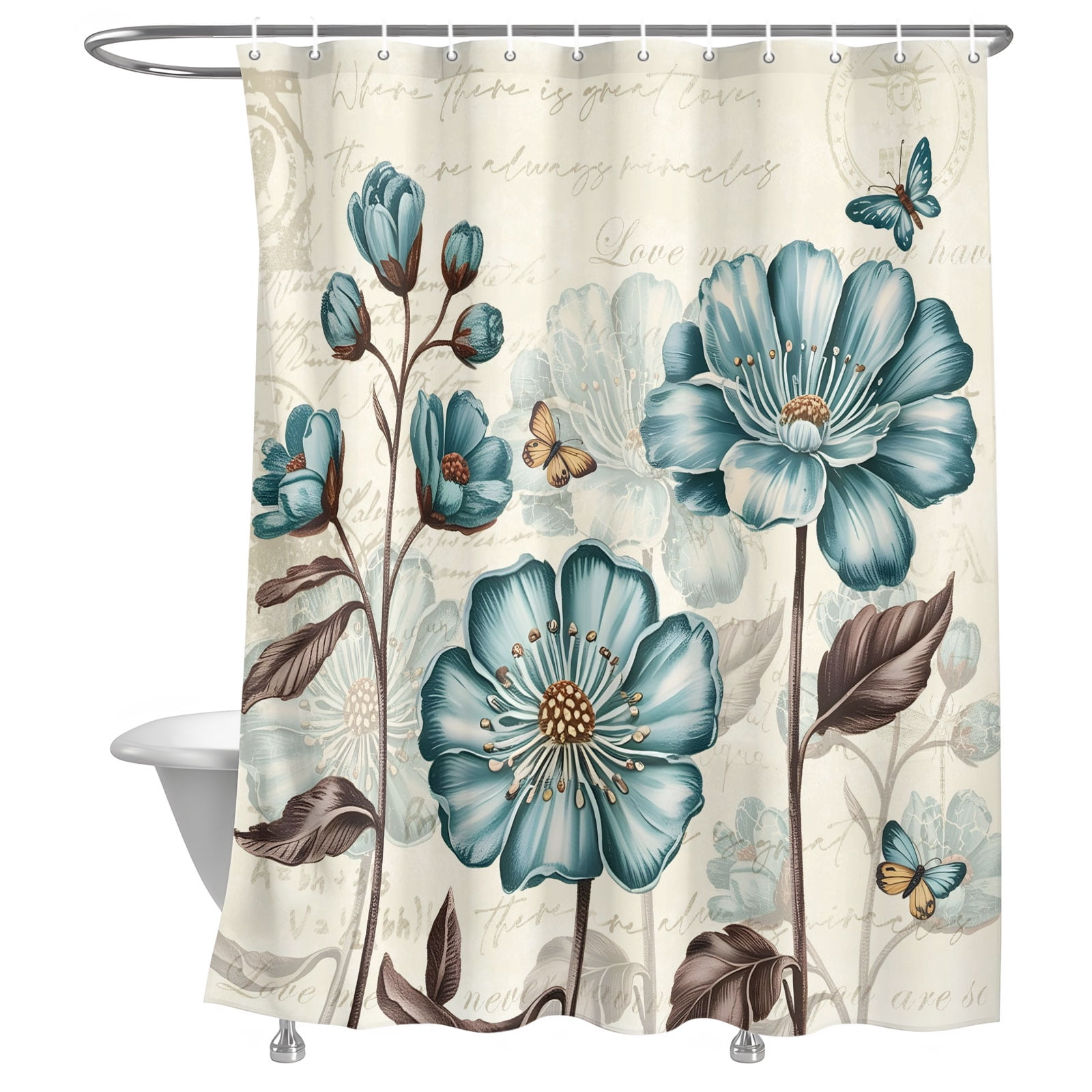 Bathroom Shower Curtain Rustic Tulip Boho Floral Butterfly Waterproof ...