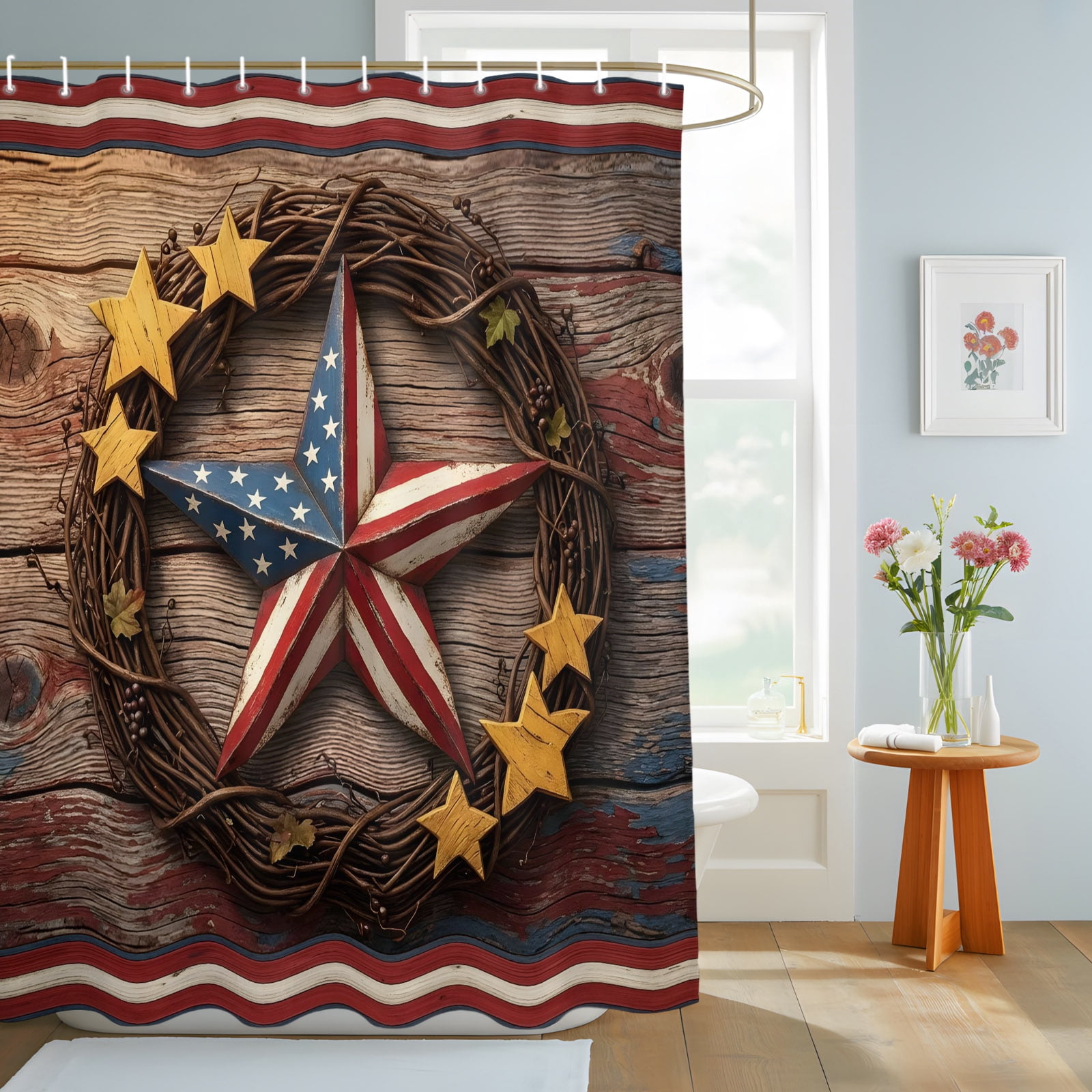Bathroom Shower Curtain Rustic Western Star Wood Plank Waterproof ...