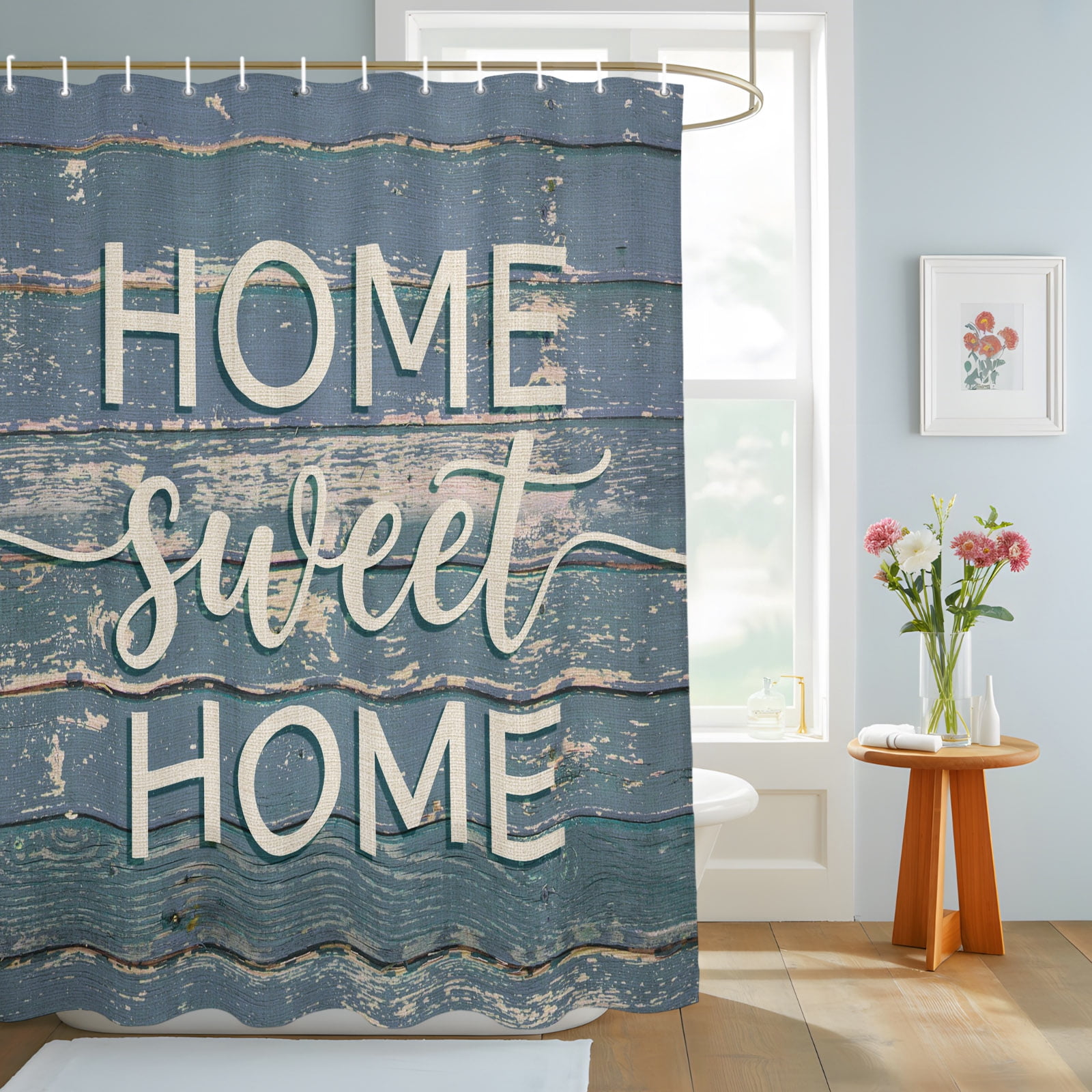Bathroom Shower Curtain Rustic Wood Grain Sweet Home Text Waterproof ...