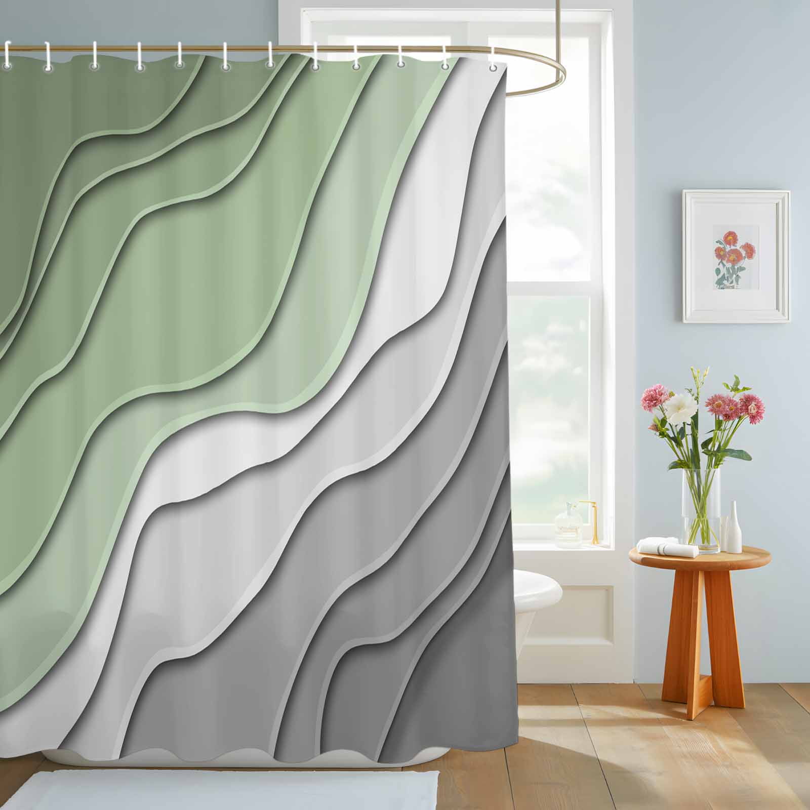 Bathroom Shower Curtain Sage Green Gradient Stripe Ripple Waterproof ...