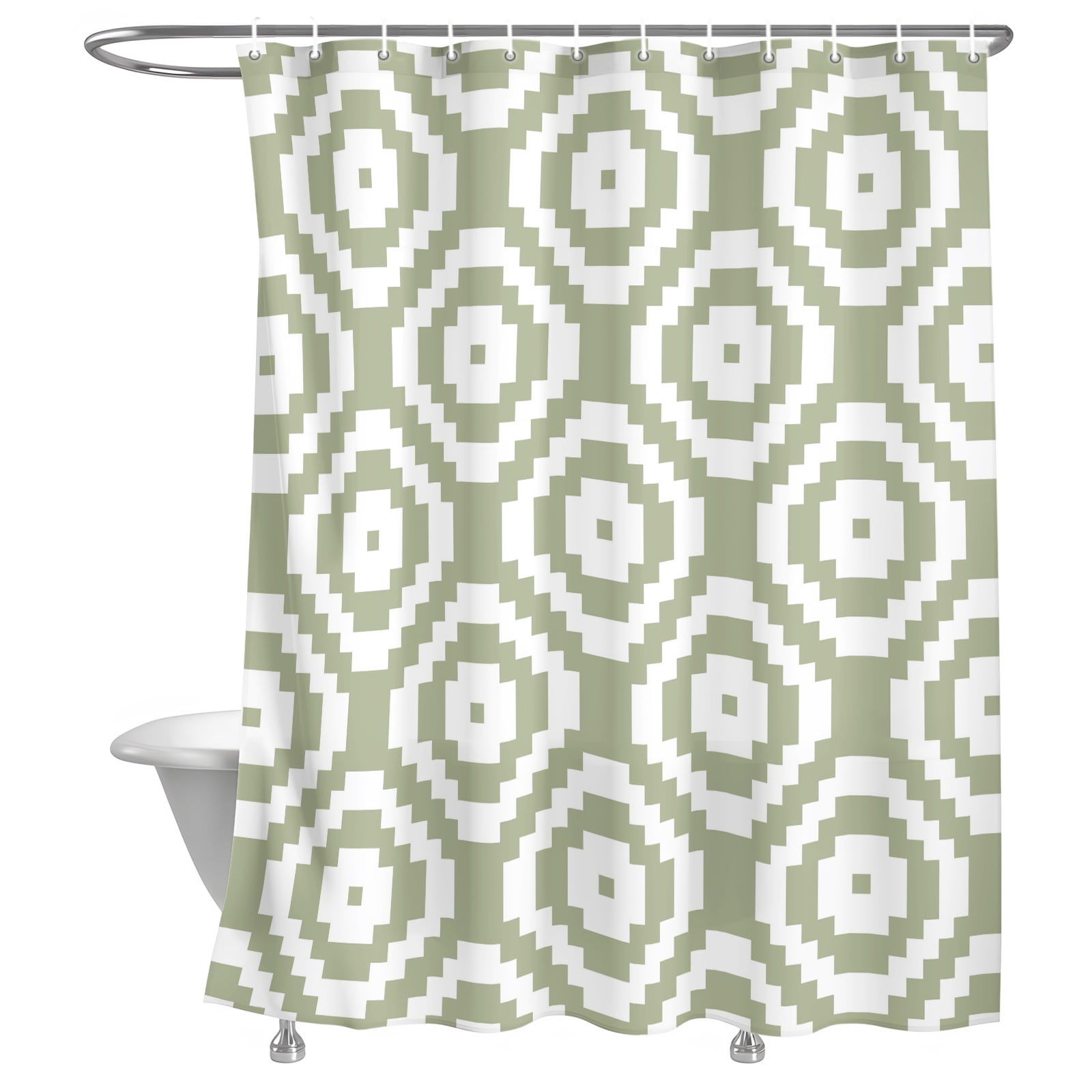 Bathroom Shower Curtain Sage Green Medieval Geometric Waterproof Shower ...
