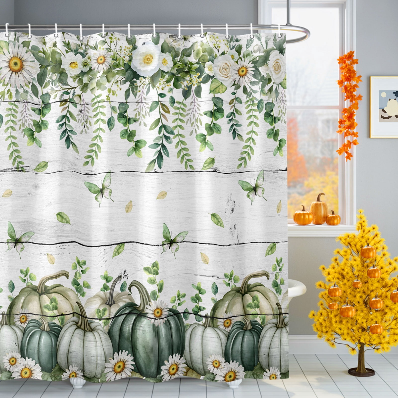 Bathroom Shower Curtain Sage Green Pumpkin Eucalyptus Leaves Floral ...