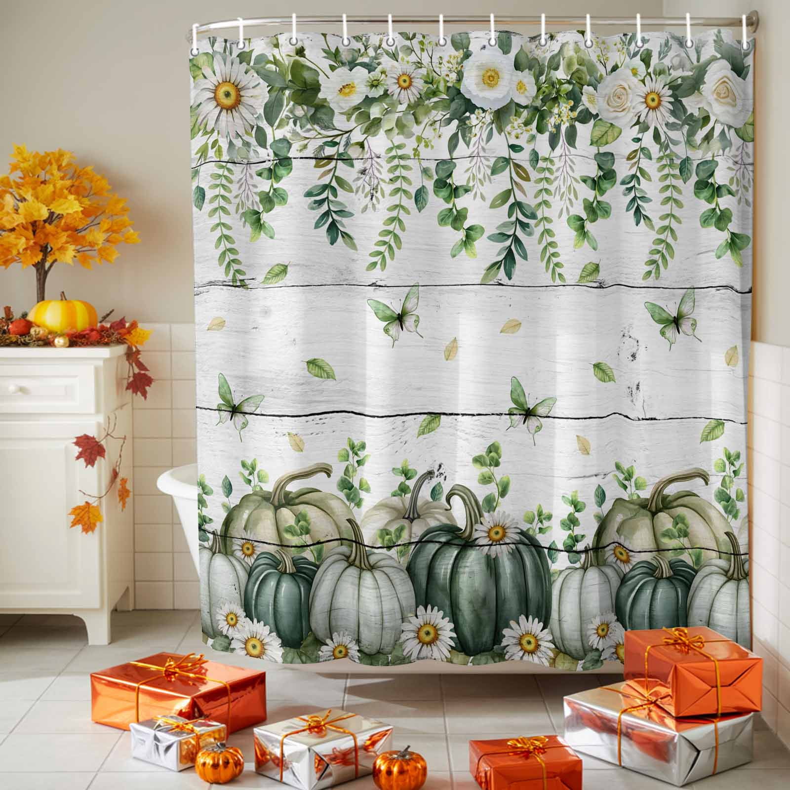 Bathroom Shower Curtain Sage Green Pumpkin Eucalyptus Leaves Floral ...