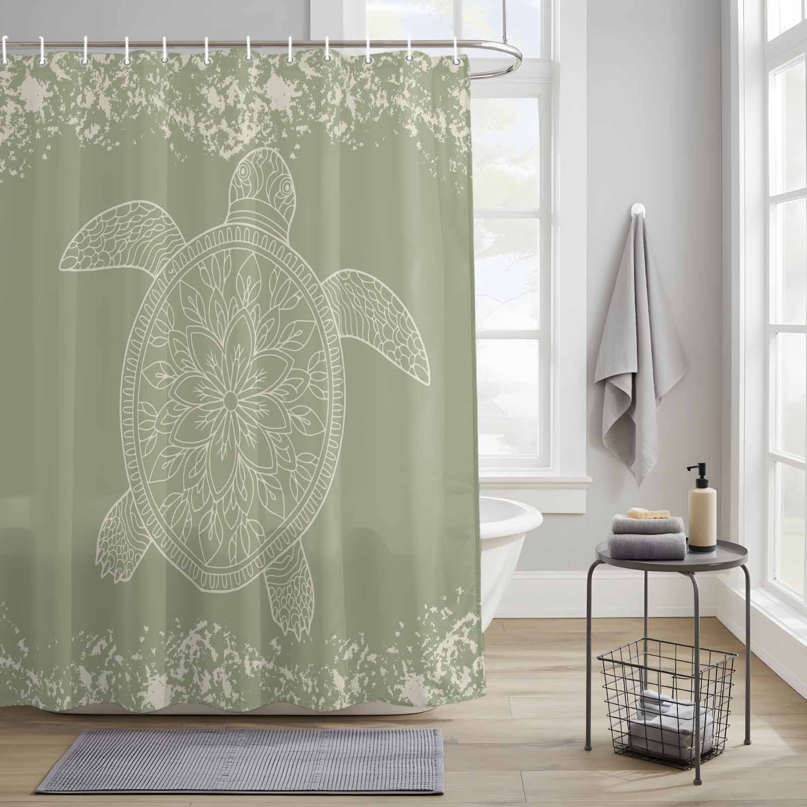 Bathroom Shower Curtain Sage Green Sea Turtle Flower Waterproof Shower ...