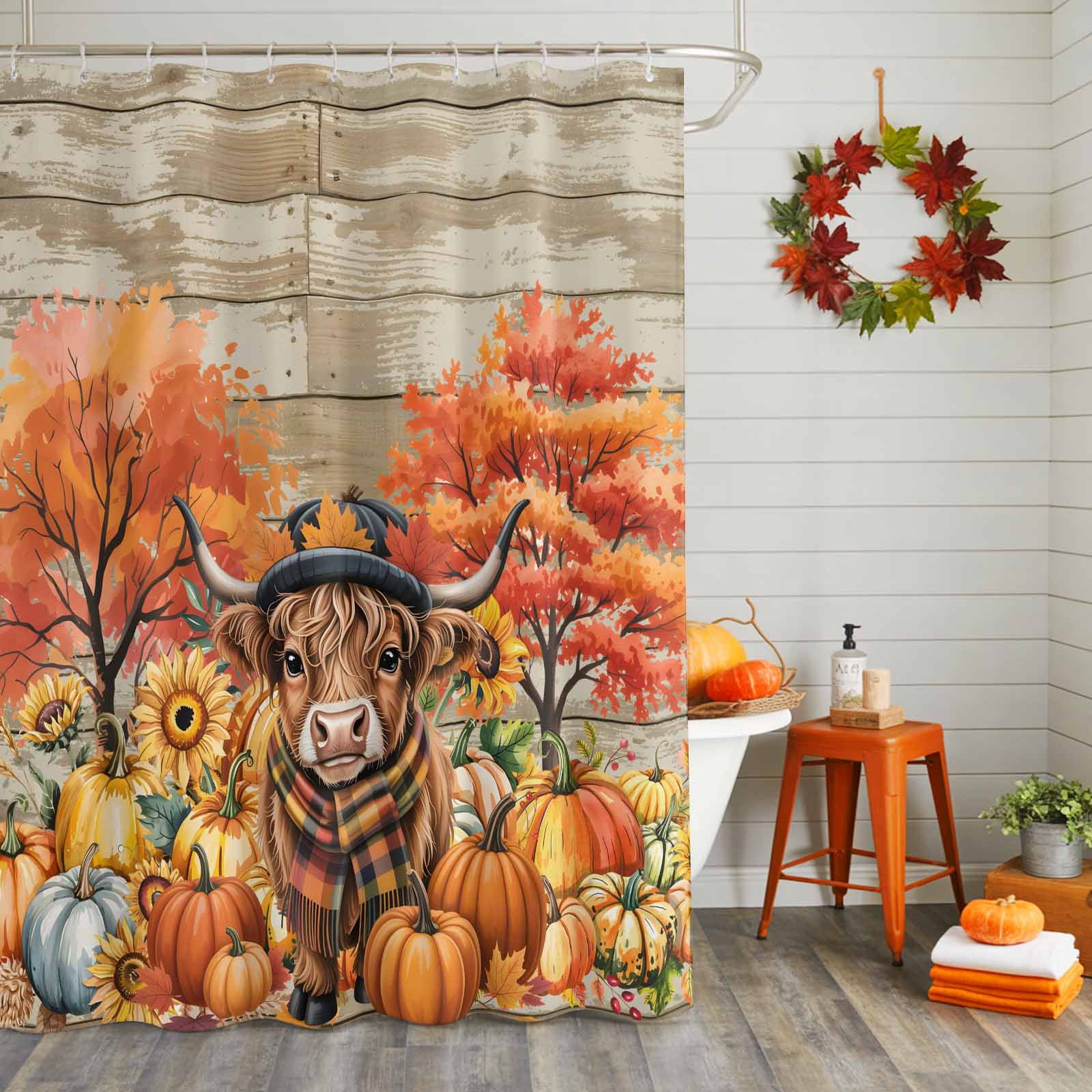 Bathroom Shower Curtain Scottish Highland Cow on Wood Waterproof Shower ...