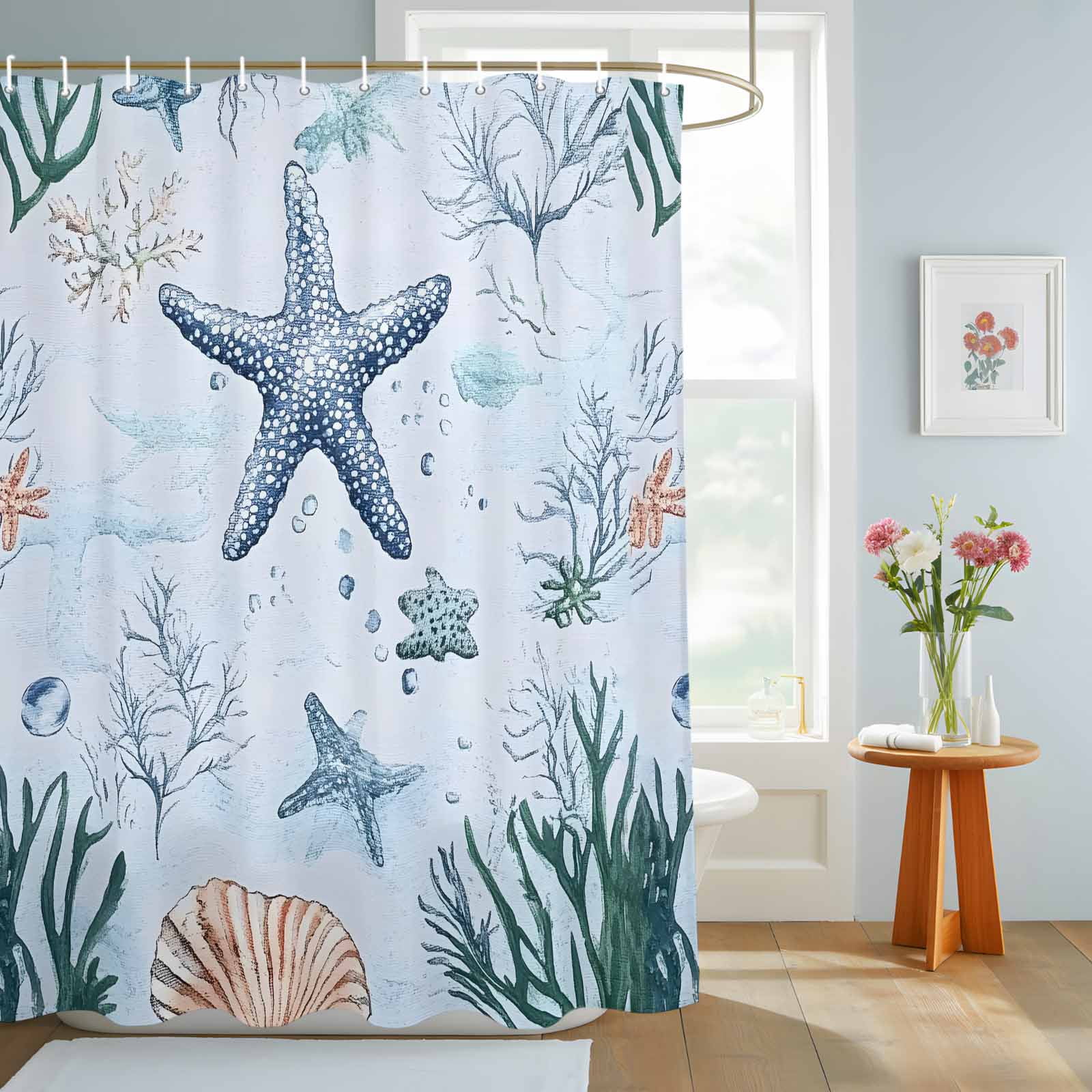 Bathroom Shower Curtain Sea Starfish Seaweed Coral Waterproof Shower ...