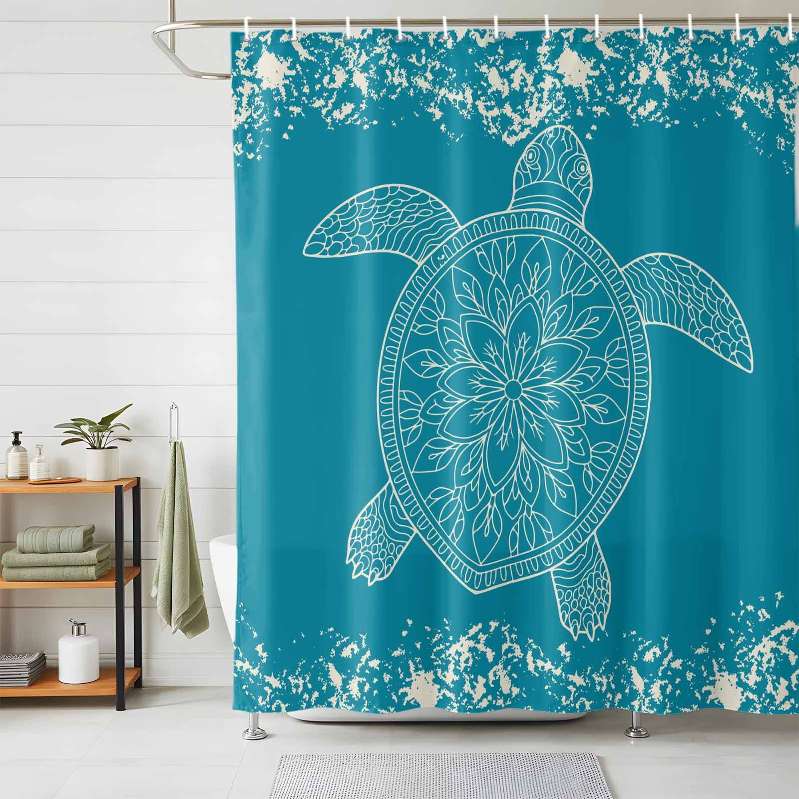 Bathroom Shower Curtain Sea Turtle Abstract Flower on Blue Waterproof ...