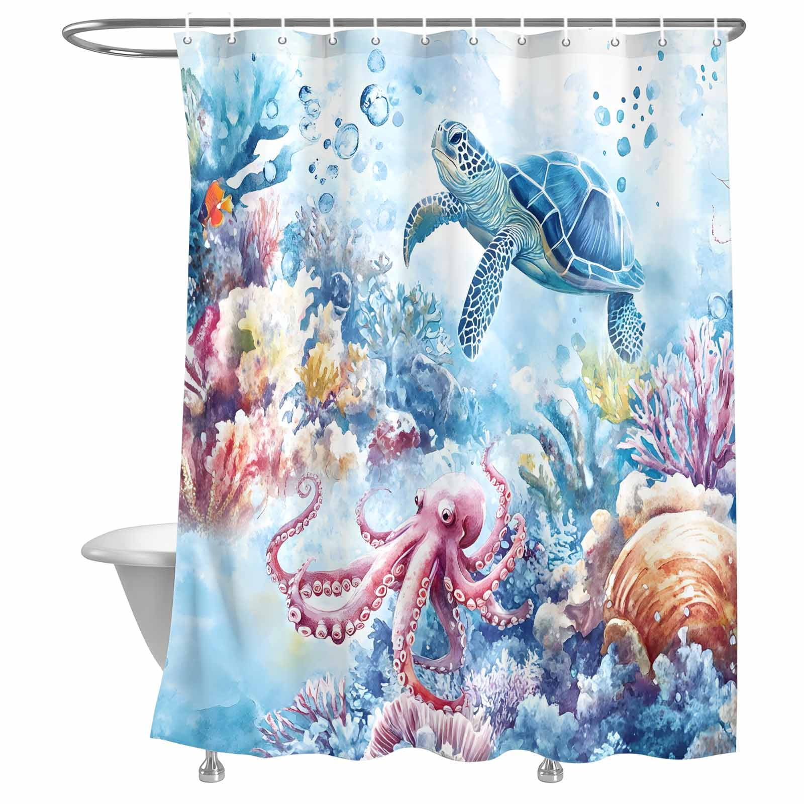 Bathroom Shower Curtain Sea Turtle Octopus Coral Shell Waterproof ...