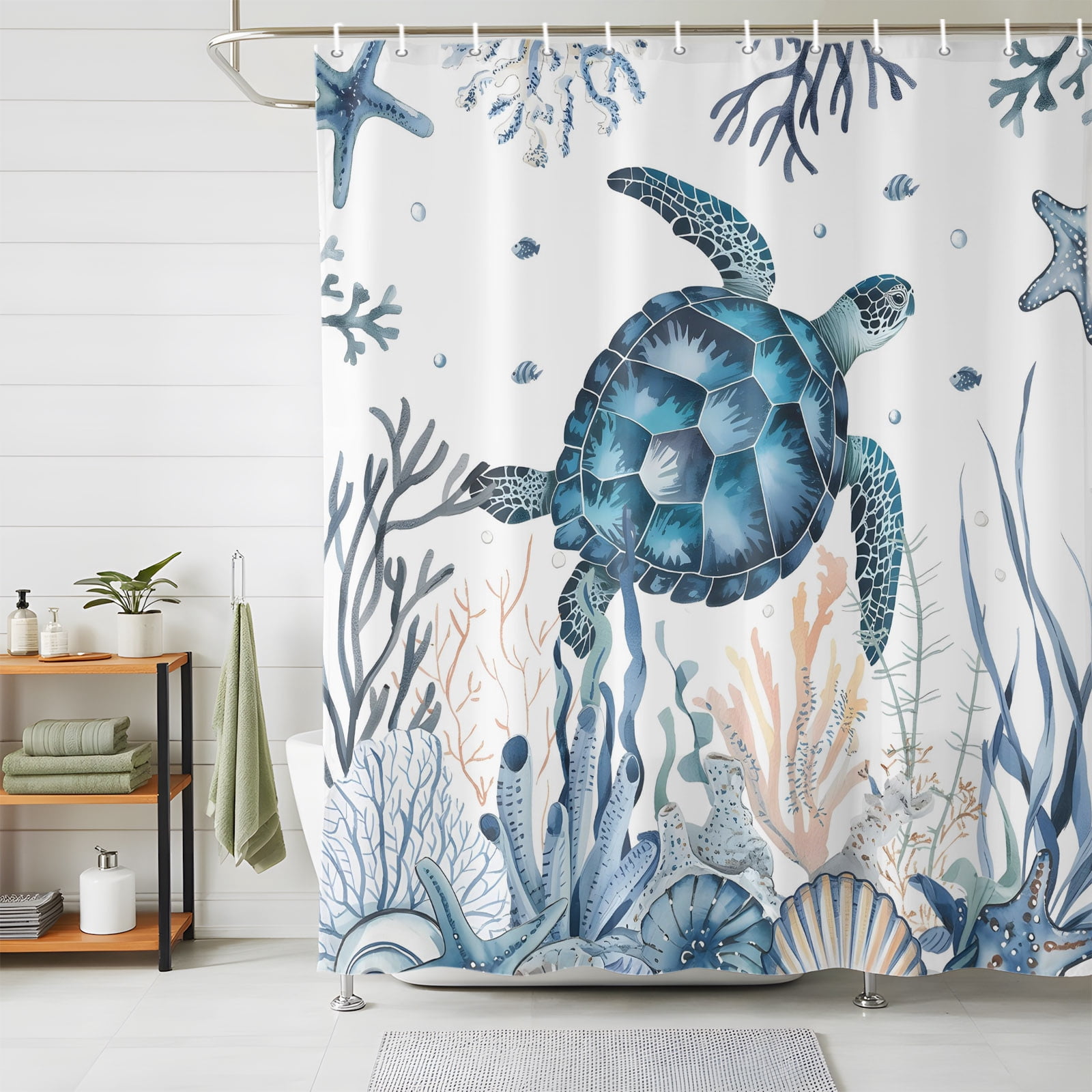 Bathroom Shower Curtain Sea Turtle Starfish Shell Seaweed Waterproof ...