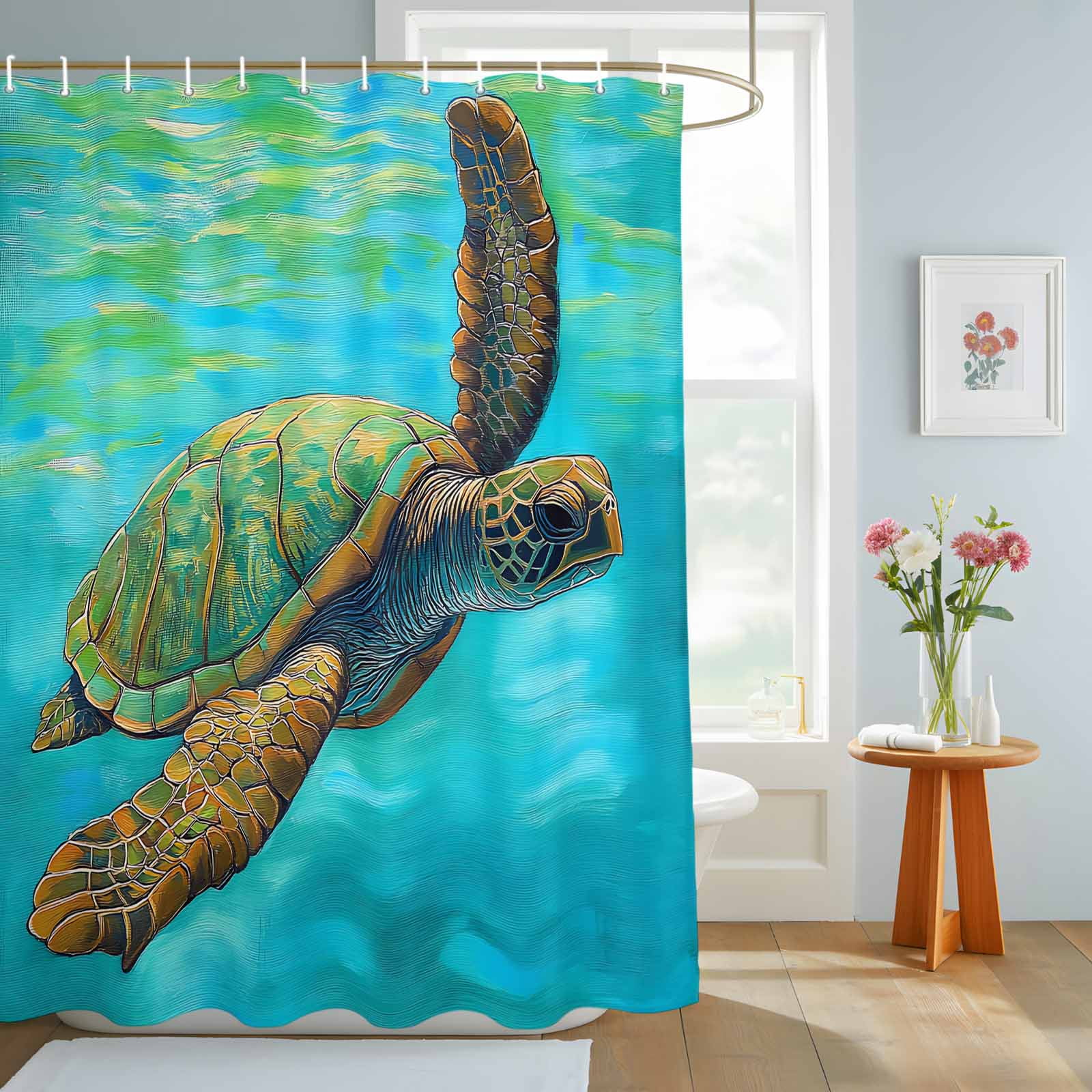 Bathroom Shower Curtain Sea Turtle Summer Ocean Teal Gradient ...