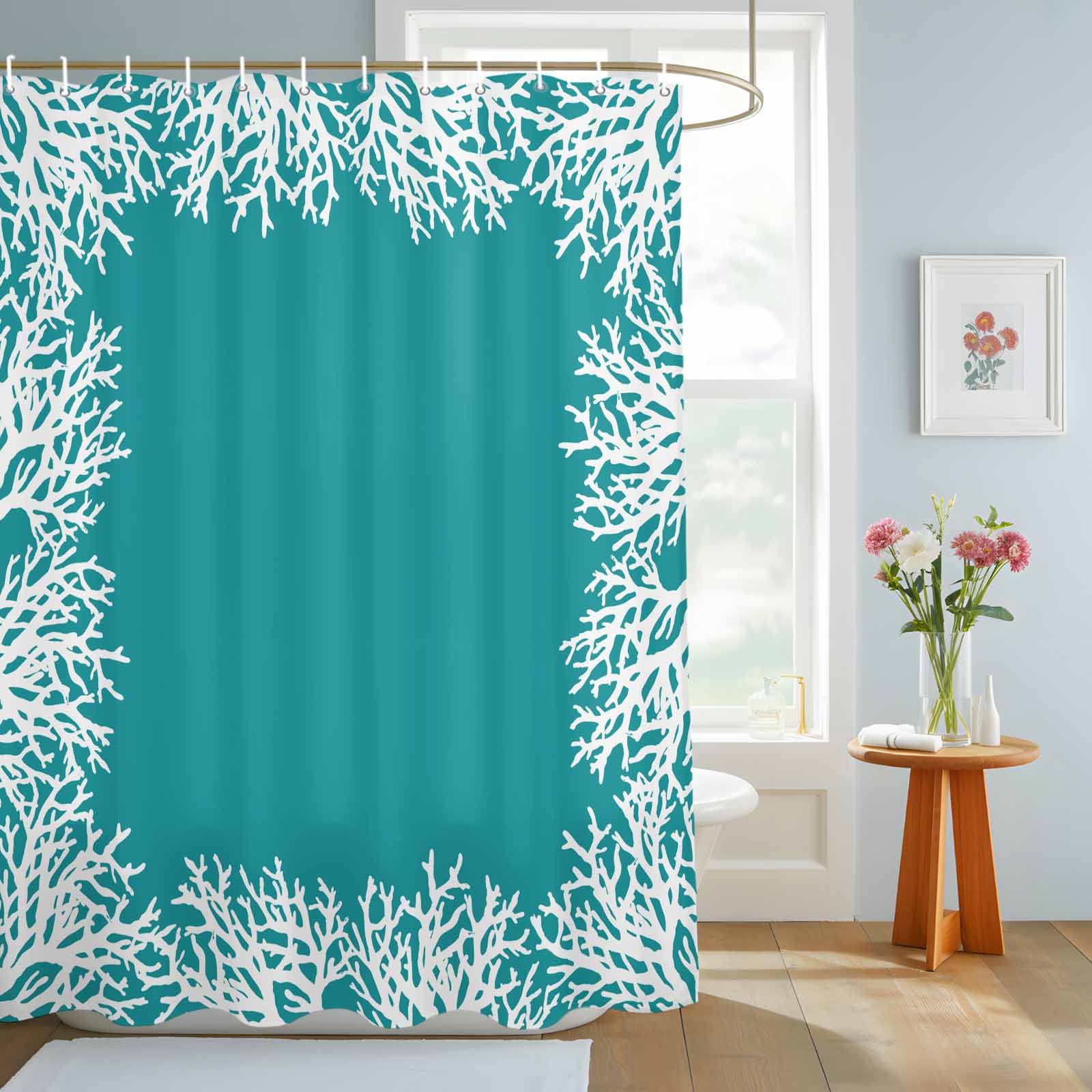 Bathroom Shower Curtain Sea White Coral on Green Background Waterproof ...