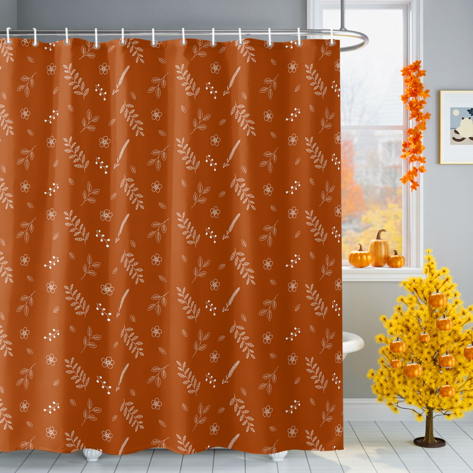 Bathroom Shower Curtain Seamless Flower Leaves on Orange Waterproof ...