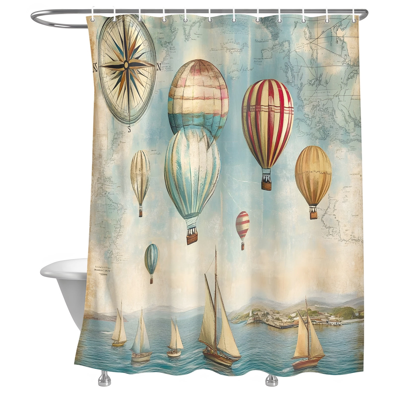 Bathroom Shower Curtain Seaside Sailing Hot Air Balloon Waterproof ...