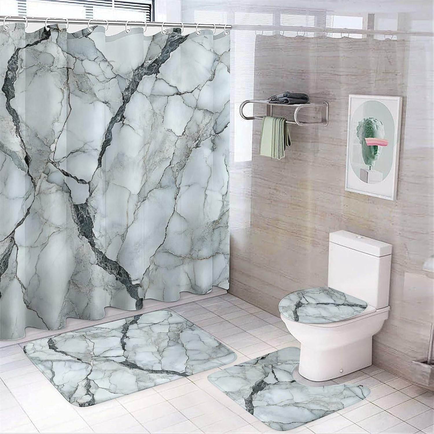 Bathroom Shower Curtain Sets with Rugs, Mint Green Fern Leaf Pattern ...