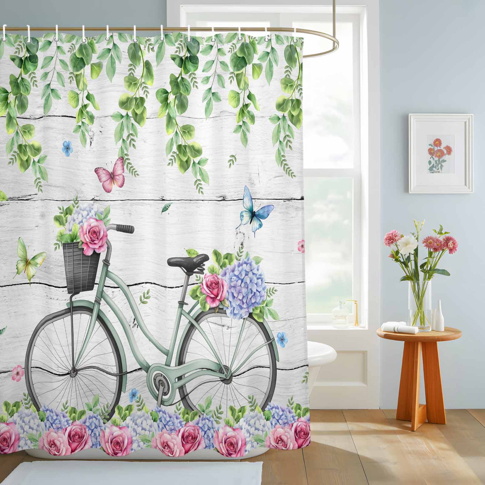 Bathroom Shower Curtain Spring Bike Roses on Wood Board Waterproof ...