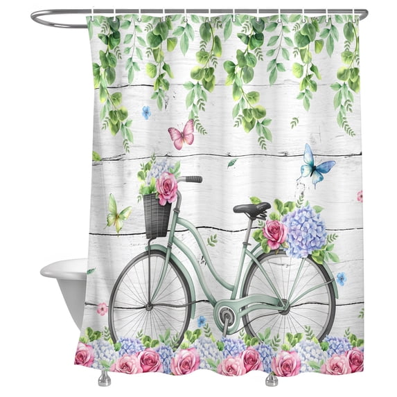 Bathroom Shower Curtain Spring Bike Roses on Wood Board Waterproof ...