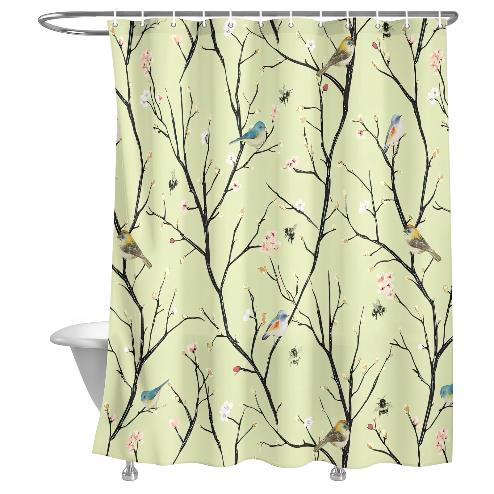 Bathroom Shower Curtain Spring Bird Flowers Branch Waterproof Shower ...