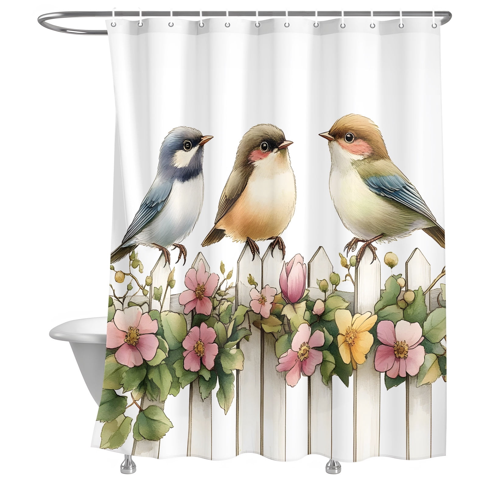Bathroom Shower Curtain Spring Bird Wild Flower Fence Waterproof Shower ...