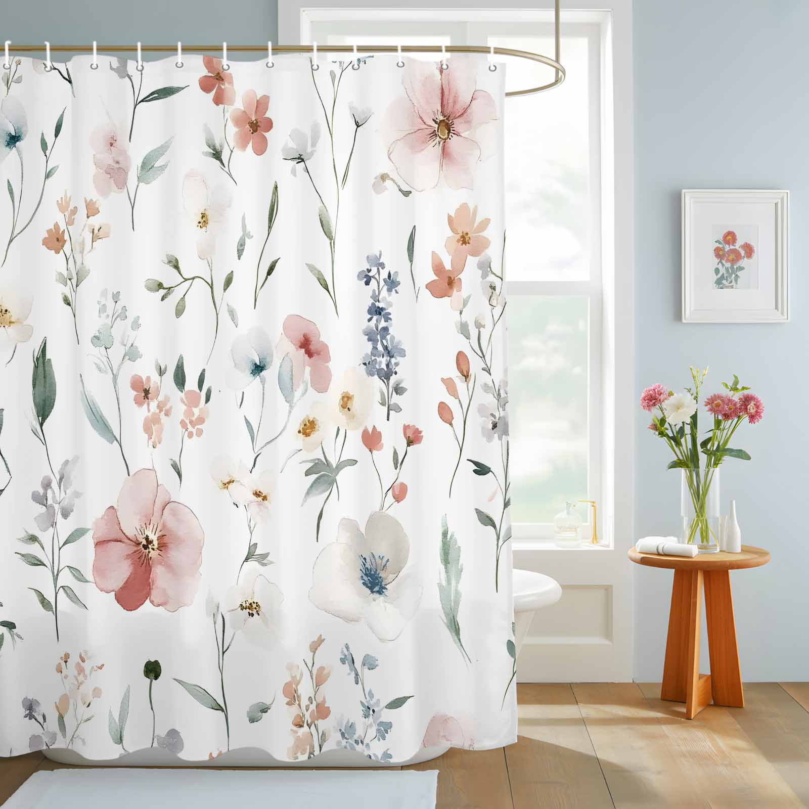 Bathroom Shower Curtain Spring Blooming Flower Leaves Waterproof Shower ...