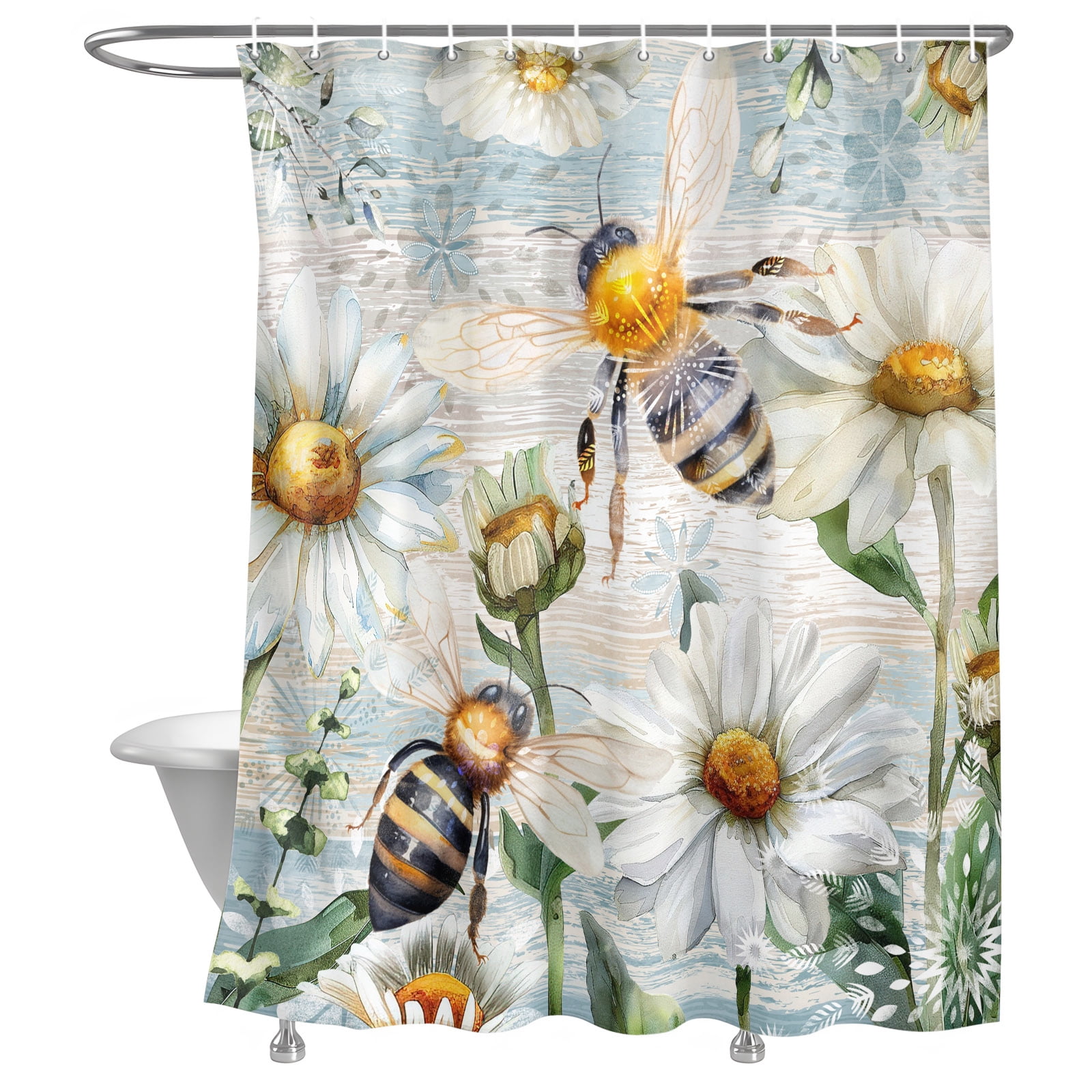 Bathroom Shower Curtain Spring Blossom Daisy Floral Bee Waterproof ...