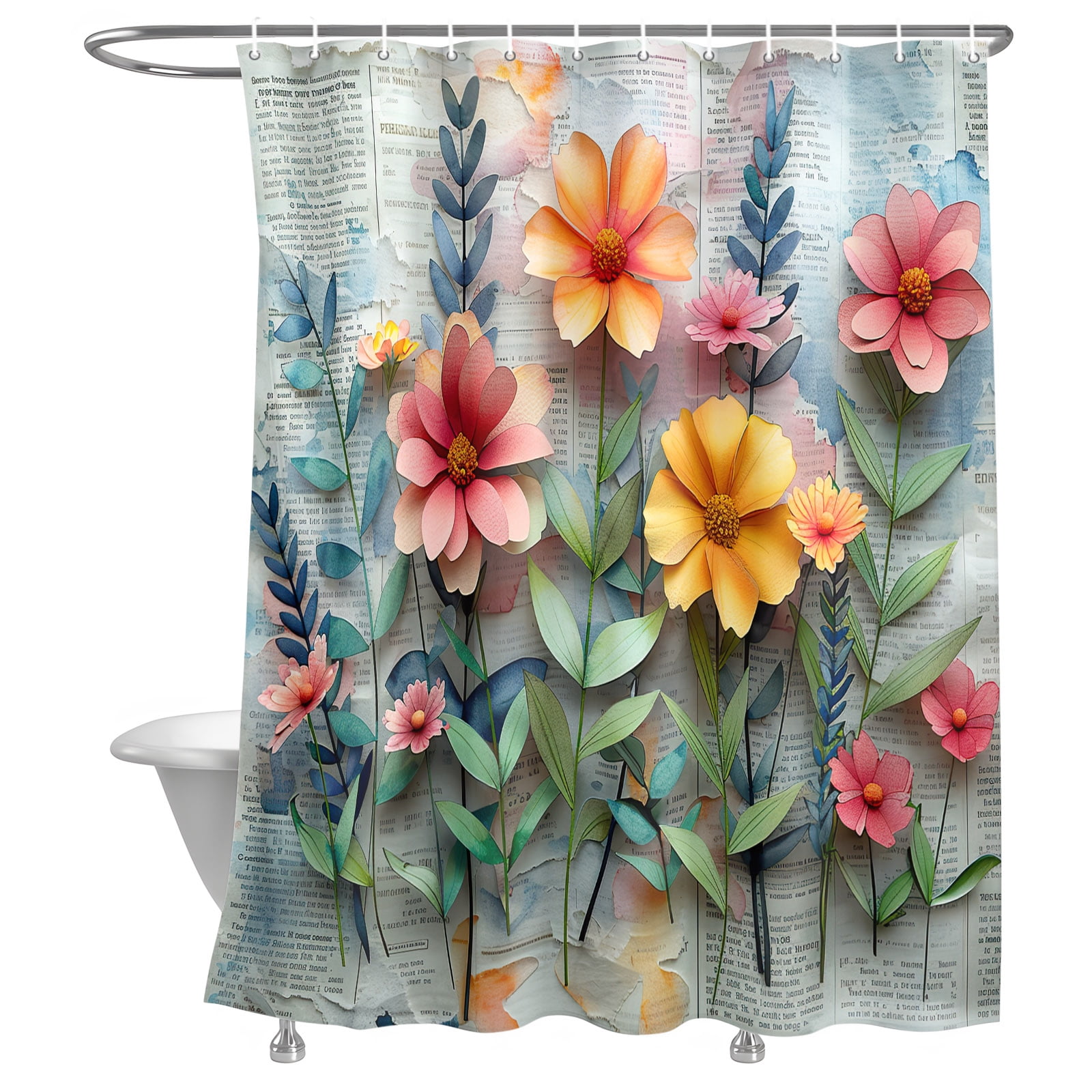Bathroom Shower Curtain Spring Blossom Flower Leaves Waterproof Shower ...
