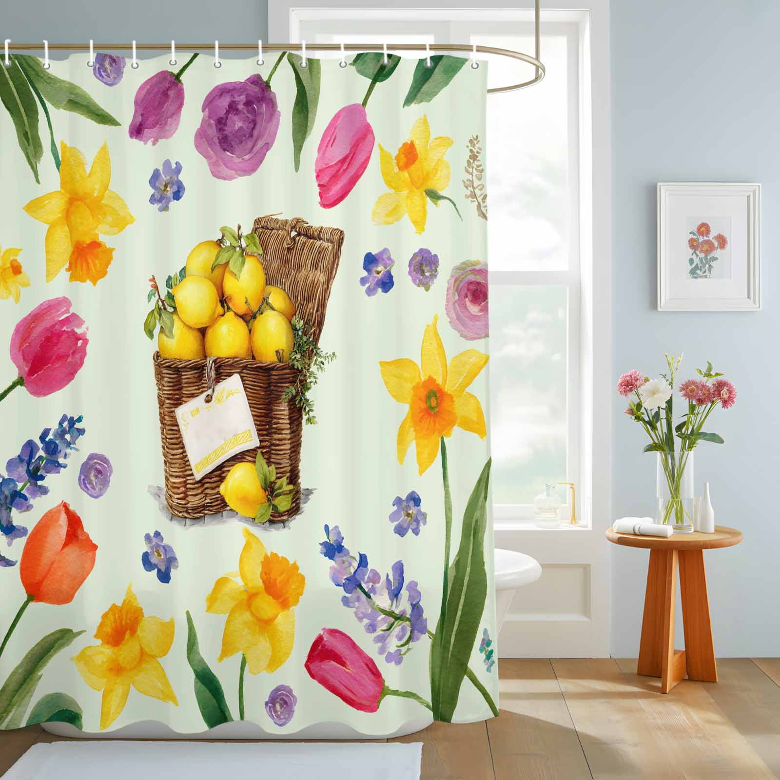 Bathroom Shower Curtain Spring Blossom Flower Lemon Waterproof Shower ...