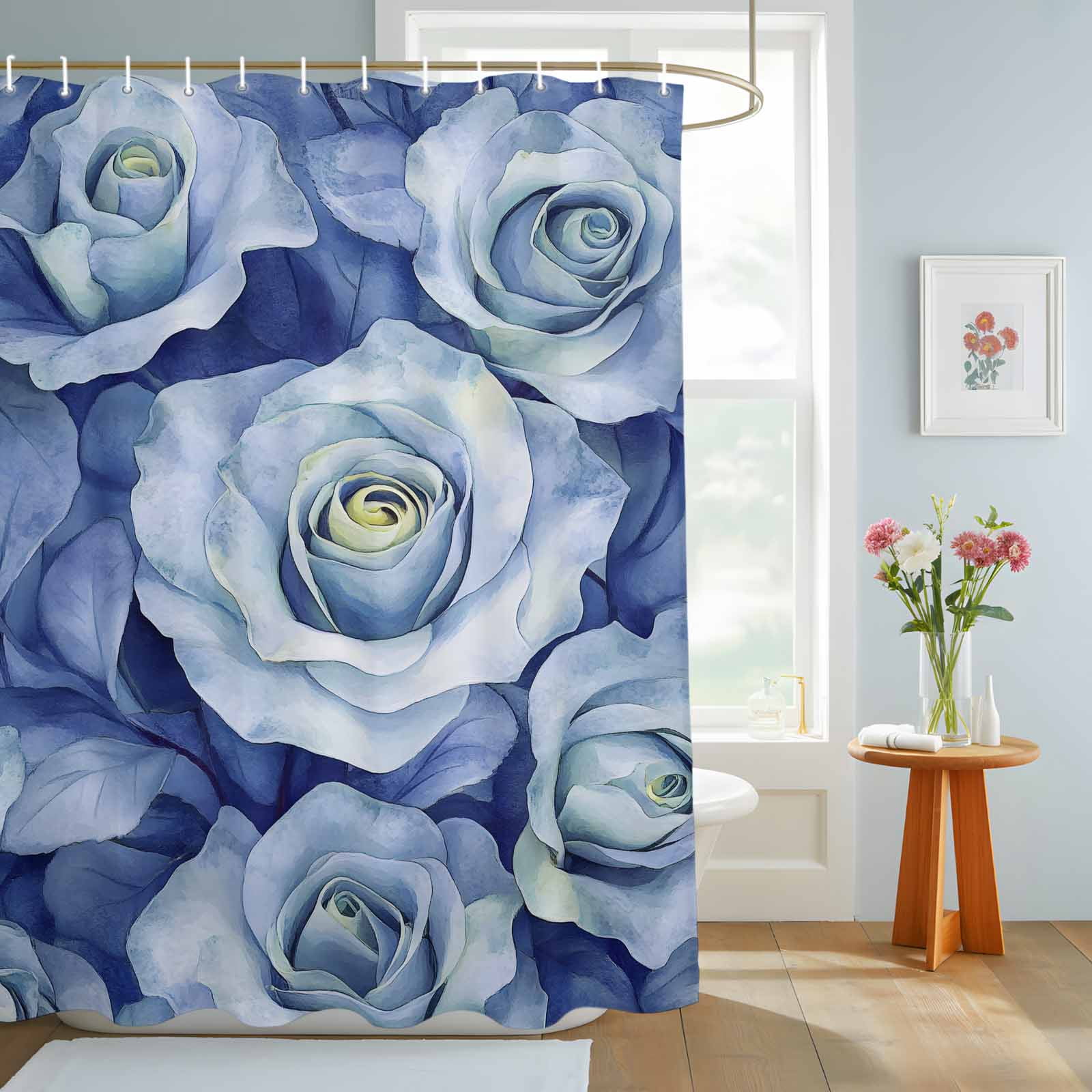 Bathroom Shower Curtain Spring Blue Rose Flower Waterproof Shower ...