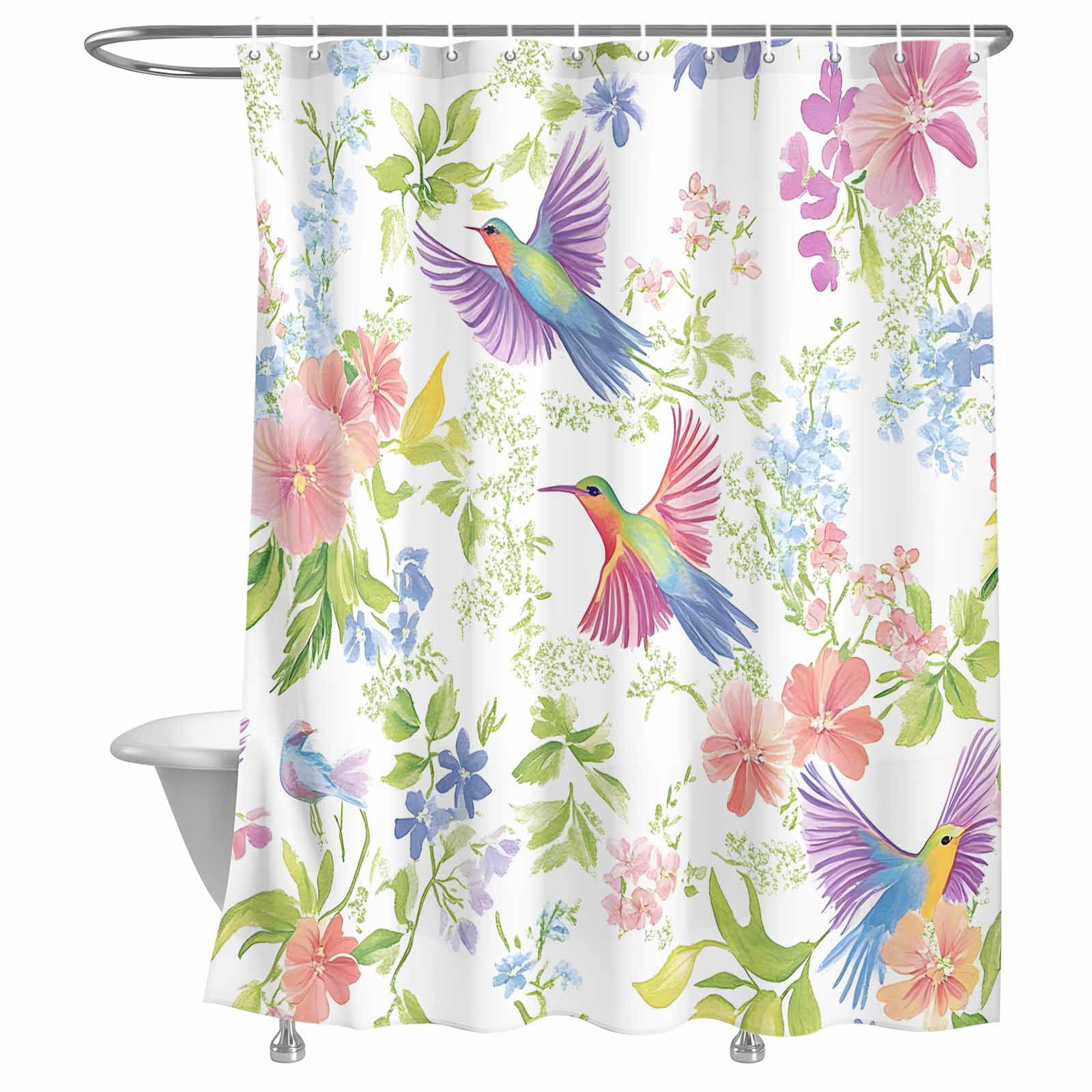 Bathroom Shower Curtain Spring Colorful Bird Flower on White Waterproof ...